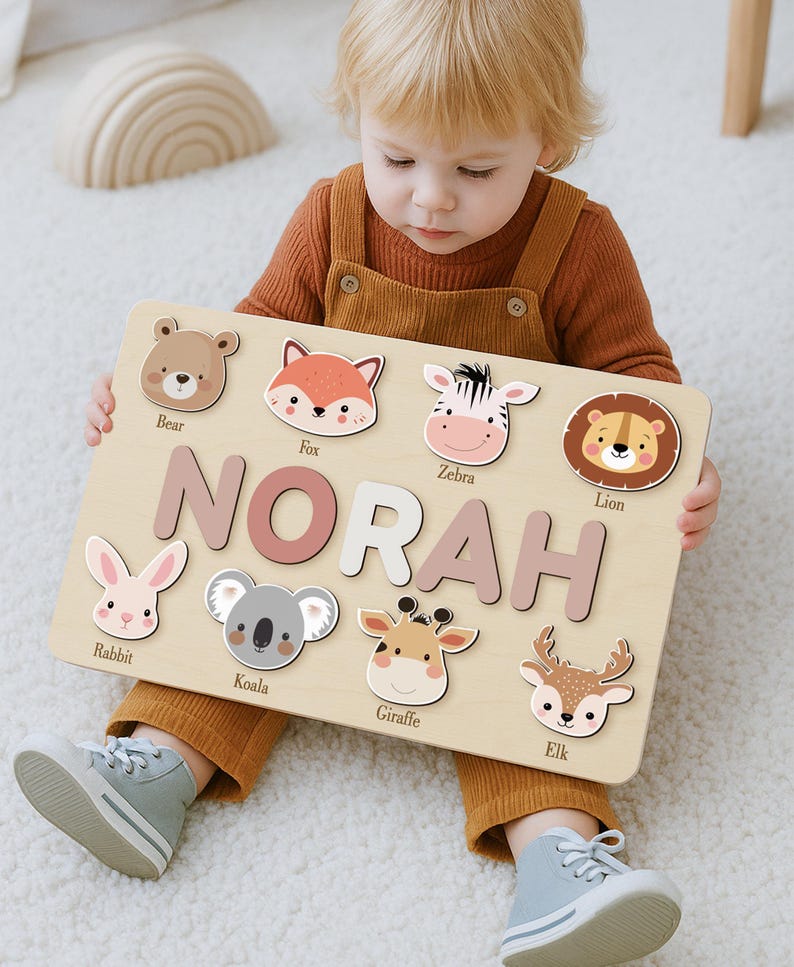 Custom Baby Name Puzzle With Animals, Personalized First Birthday Gift ...