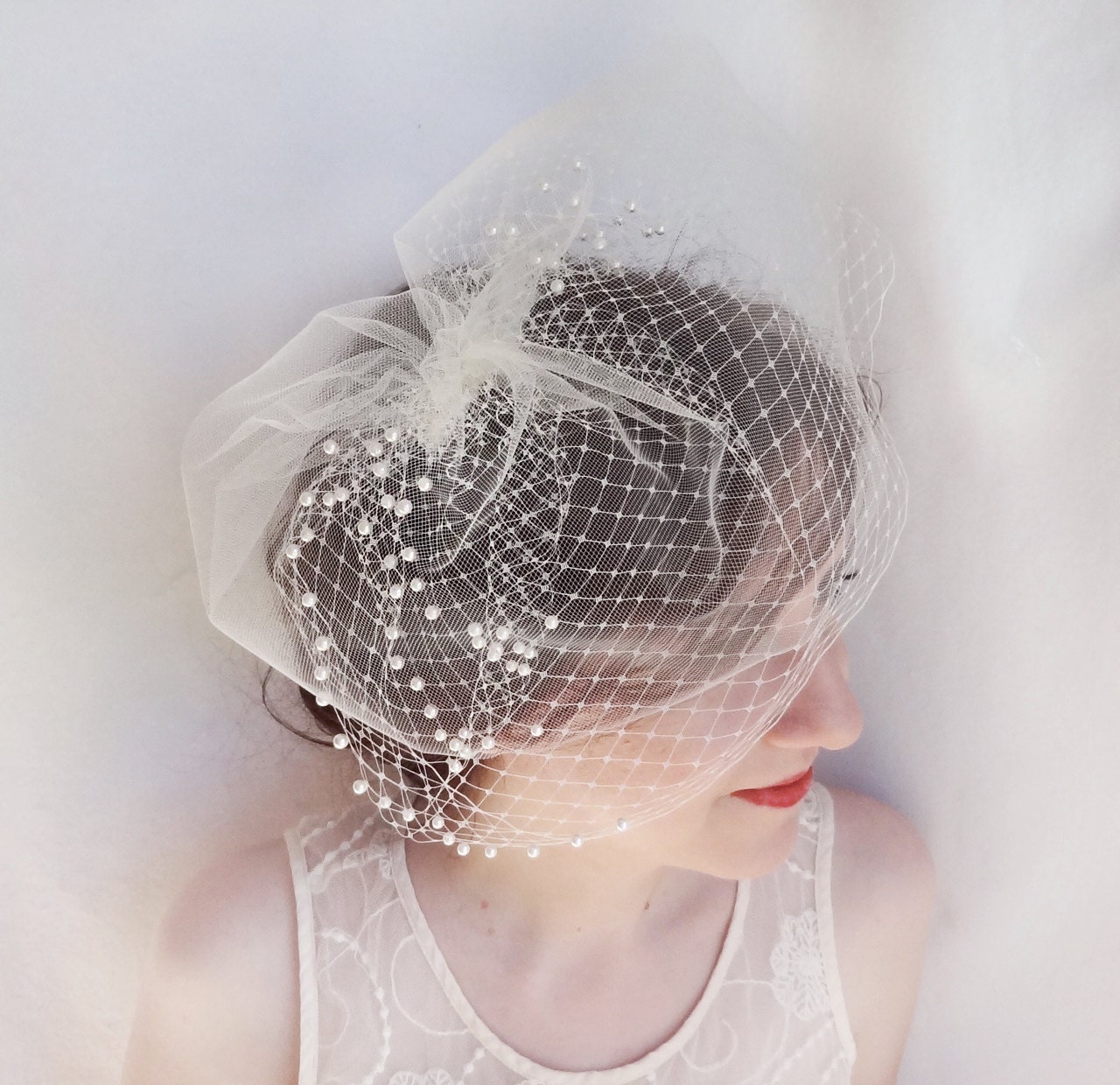 Birdcage Veil With Pearls Tulle Russian Veiling Ivory - Etsy