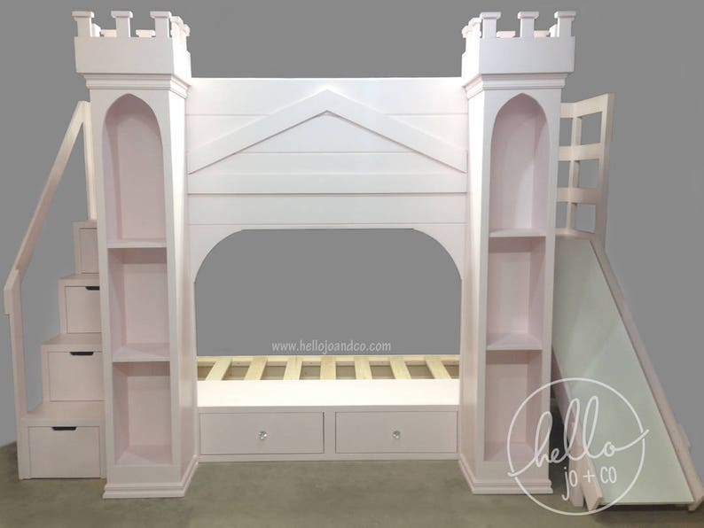 Castle Loft Bed With Slide & Drawer Stairs - Solid Wood Playhouse Bunk ...