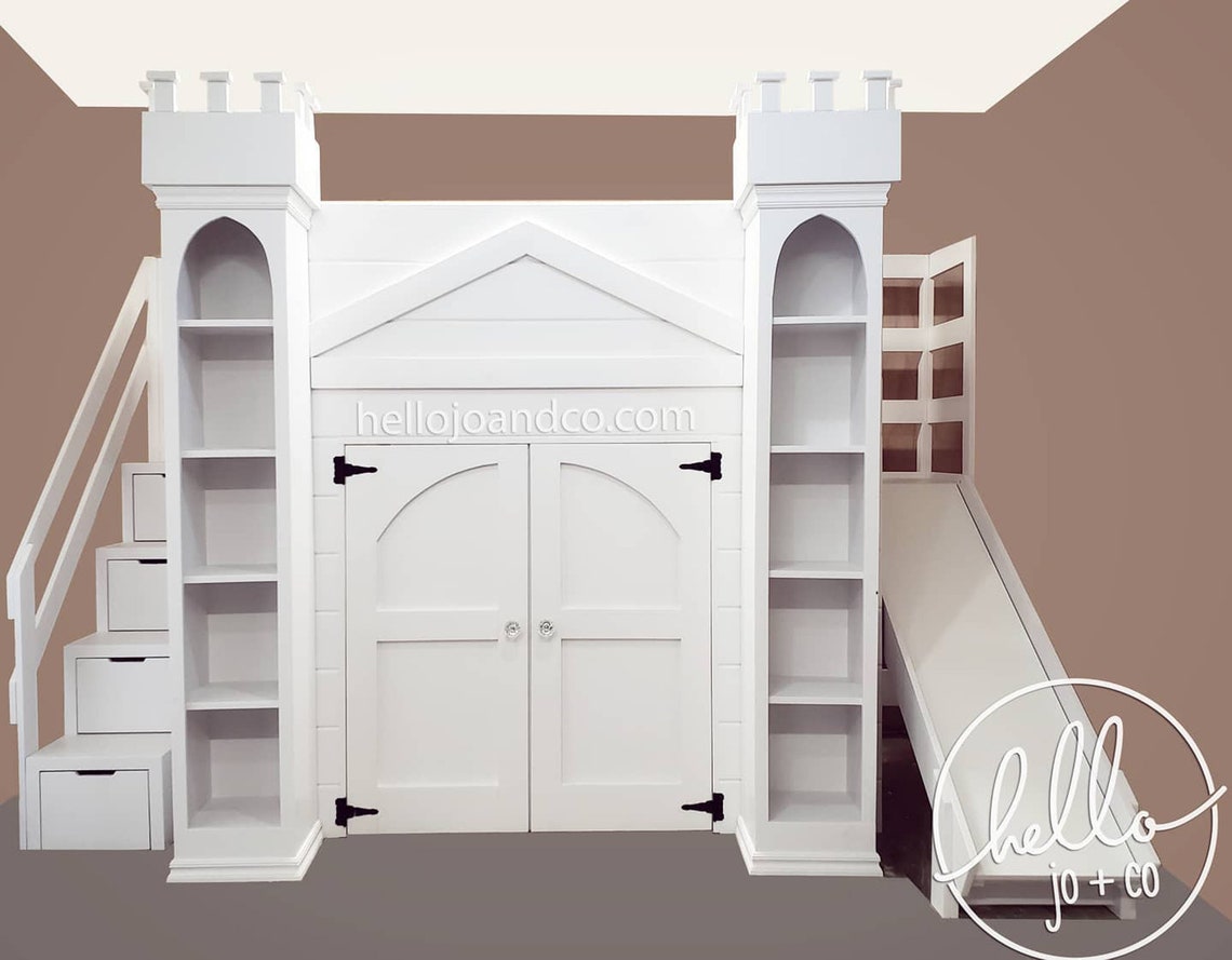 Custom Castle Playhouse Loft Bed With Drawer Storage Stairs, Slide ...