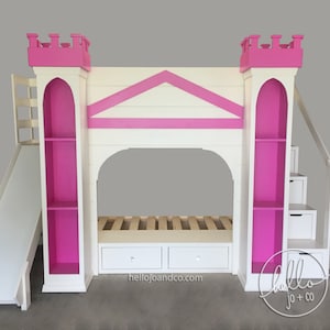 Castle Loft Bed With Slide & Drawer Stairs - Solid Wood Playhouse Bunk ...