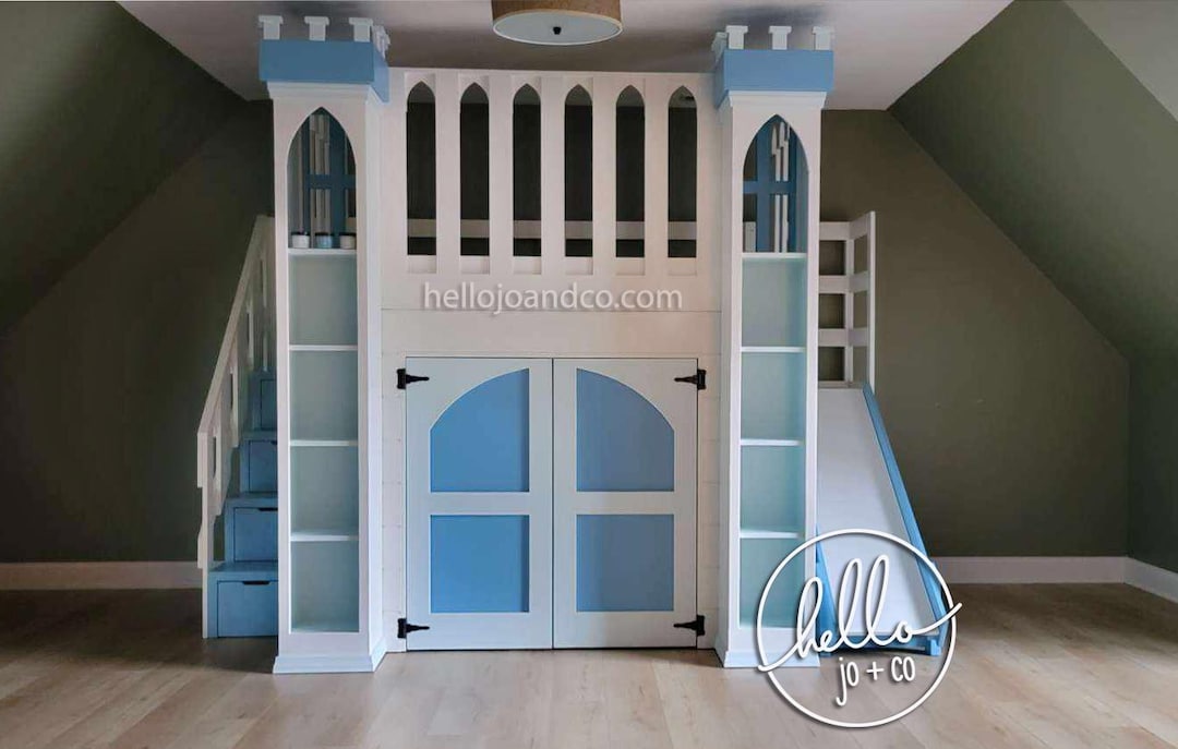 Custom Castle With Terrace Top, Slide, Drawer Storage Stairs and Double ...