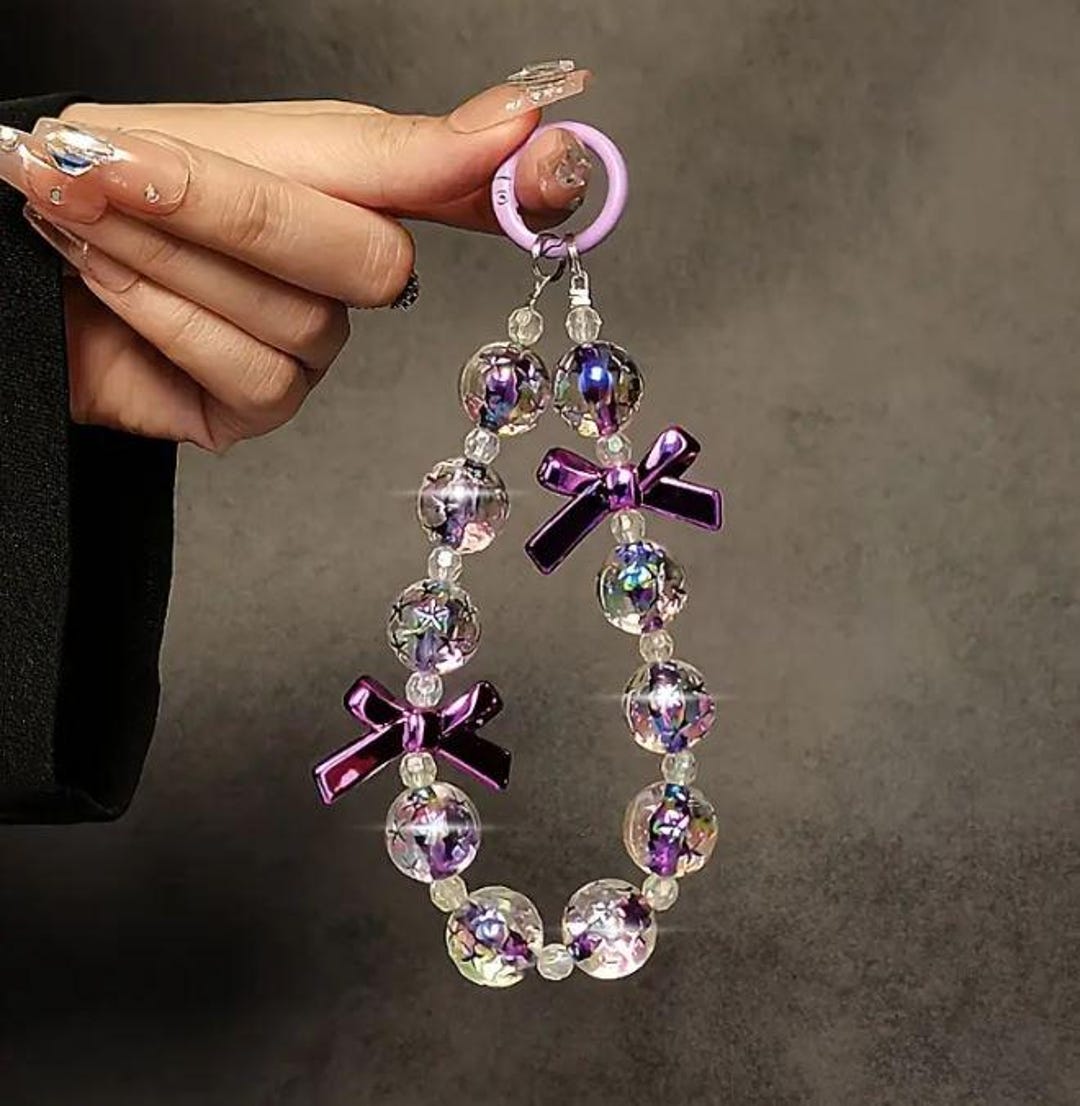 Cute Purple Butterfly Bow Beaded Phone Lanyard Wrist Strap With Clip ...