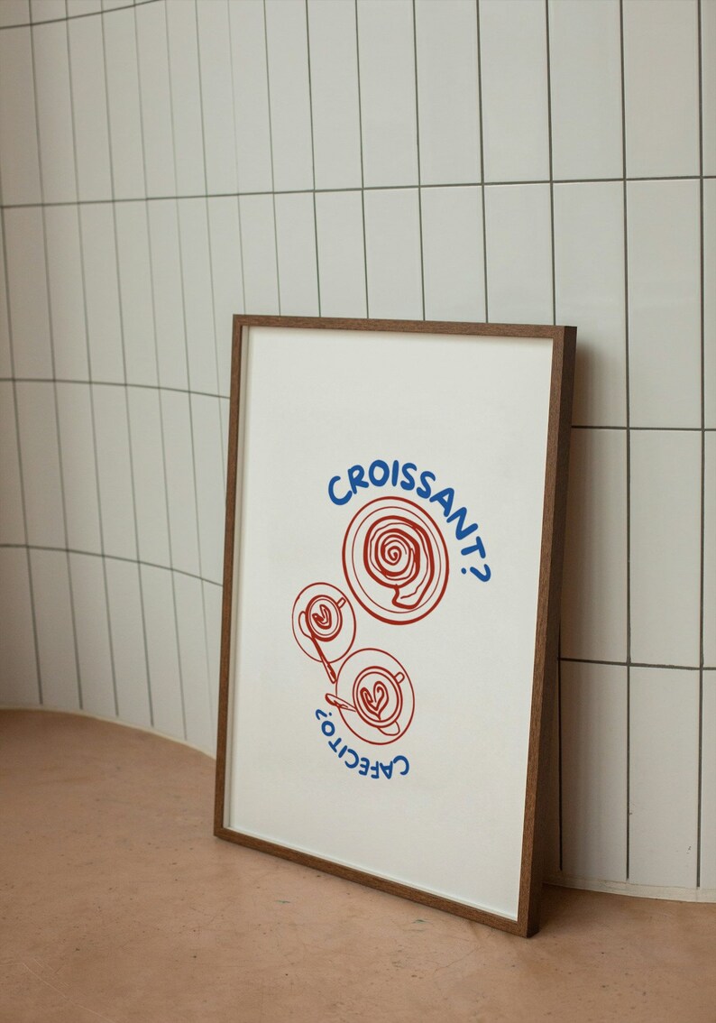 Coffee and Croissant Kitchen Wall Art red Blue Breakfast Print for ...