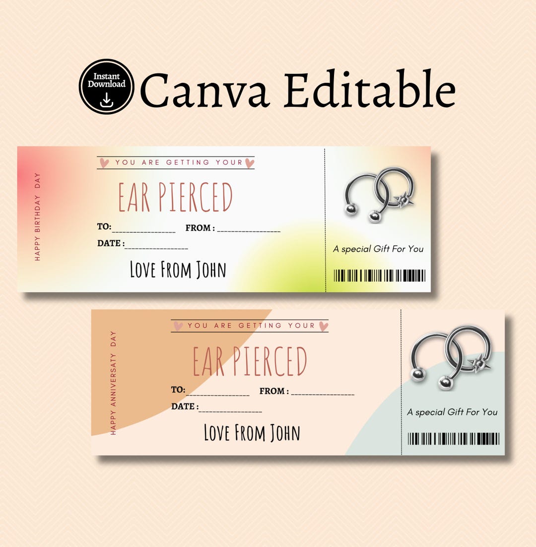 Ear Piercing Gift Ticket, Ears Pierced Ticket. Ear Piercing Voucher ...