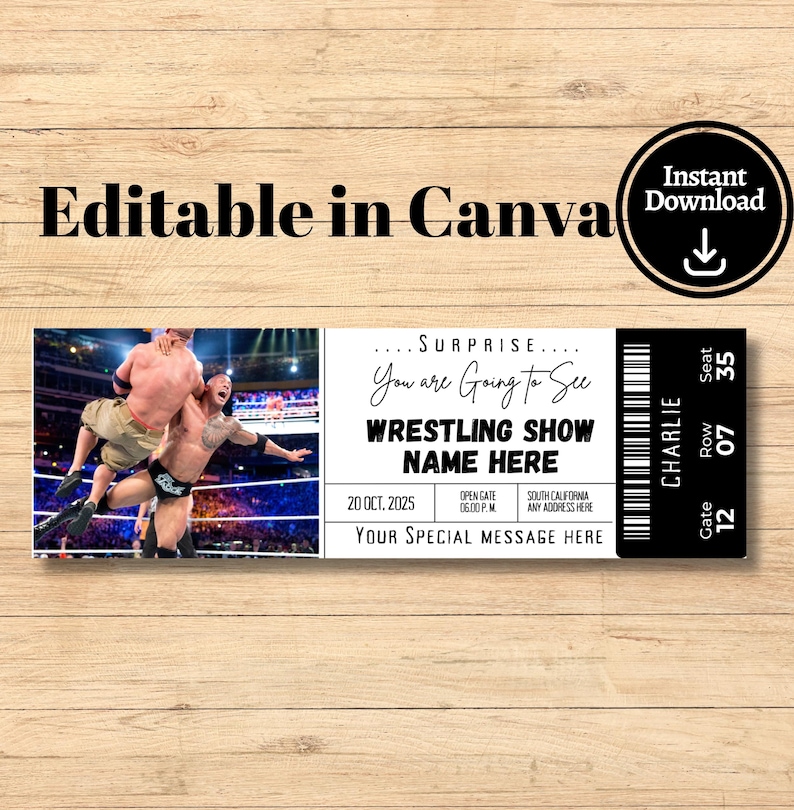Wrestling Event Ticket Template: Editable Gift Voucher (digital ...