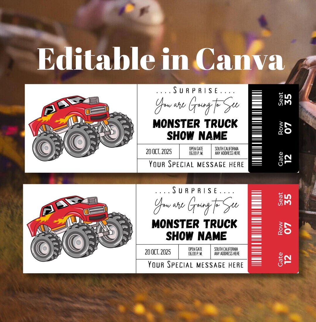 Editable Monster Truck Surprise Trip Gift Ticket, Professional Race ...
