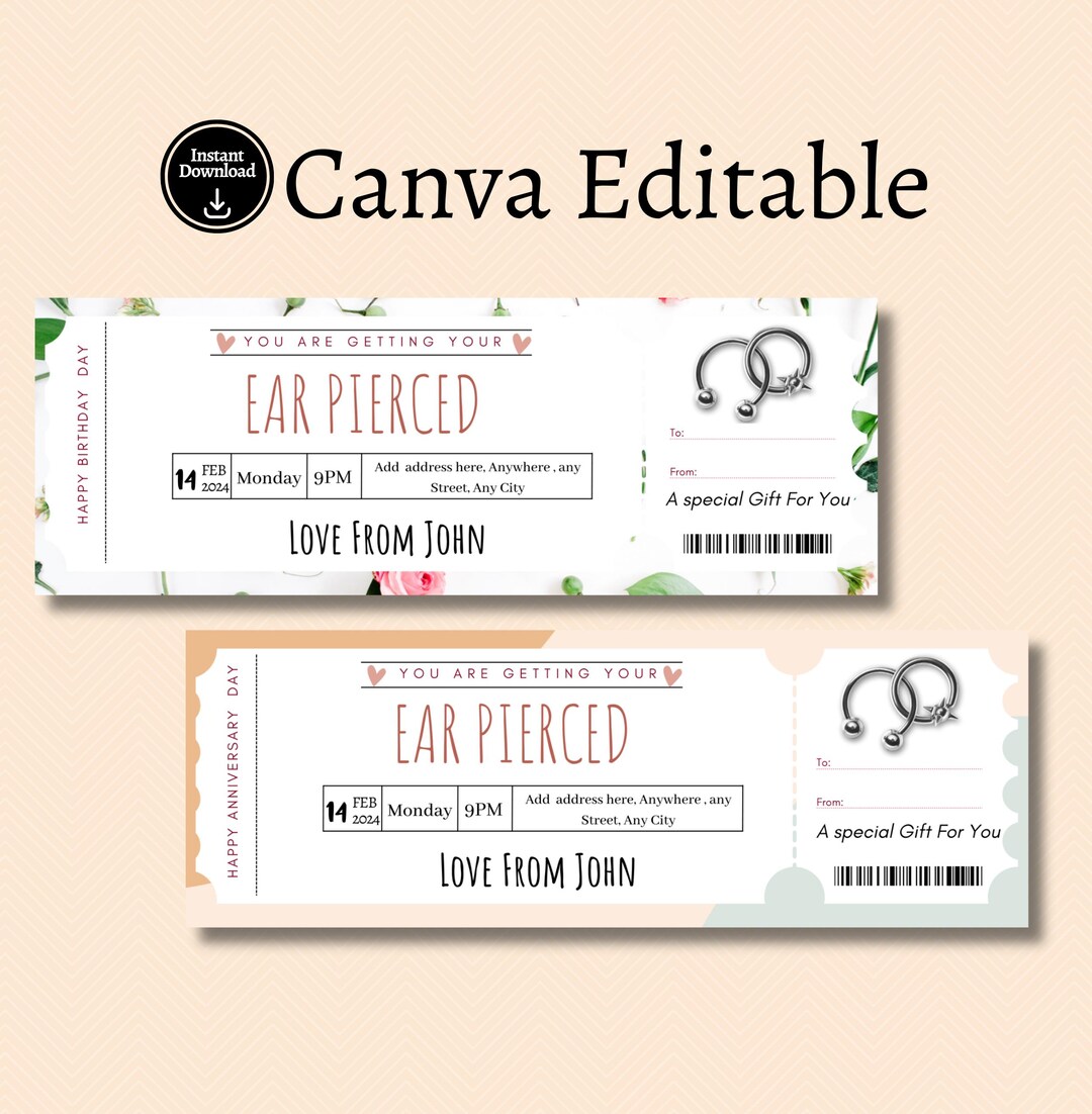 Ear Piercing Gift Certificate. Ears Pierced Ticket. Ear Piercing ...