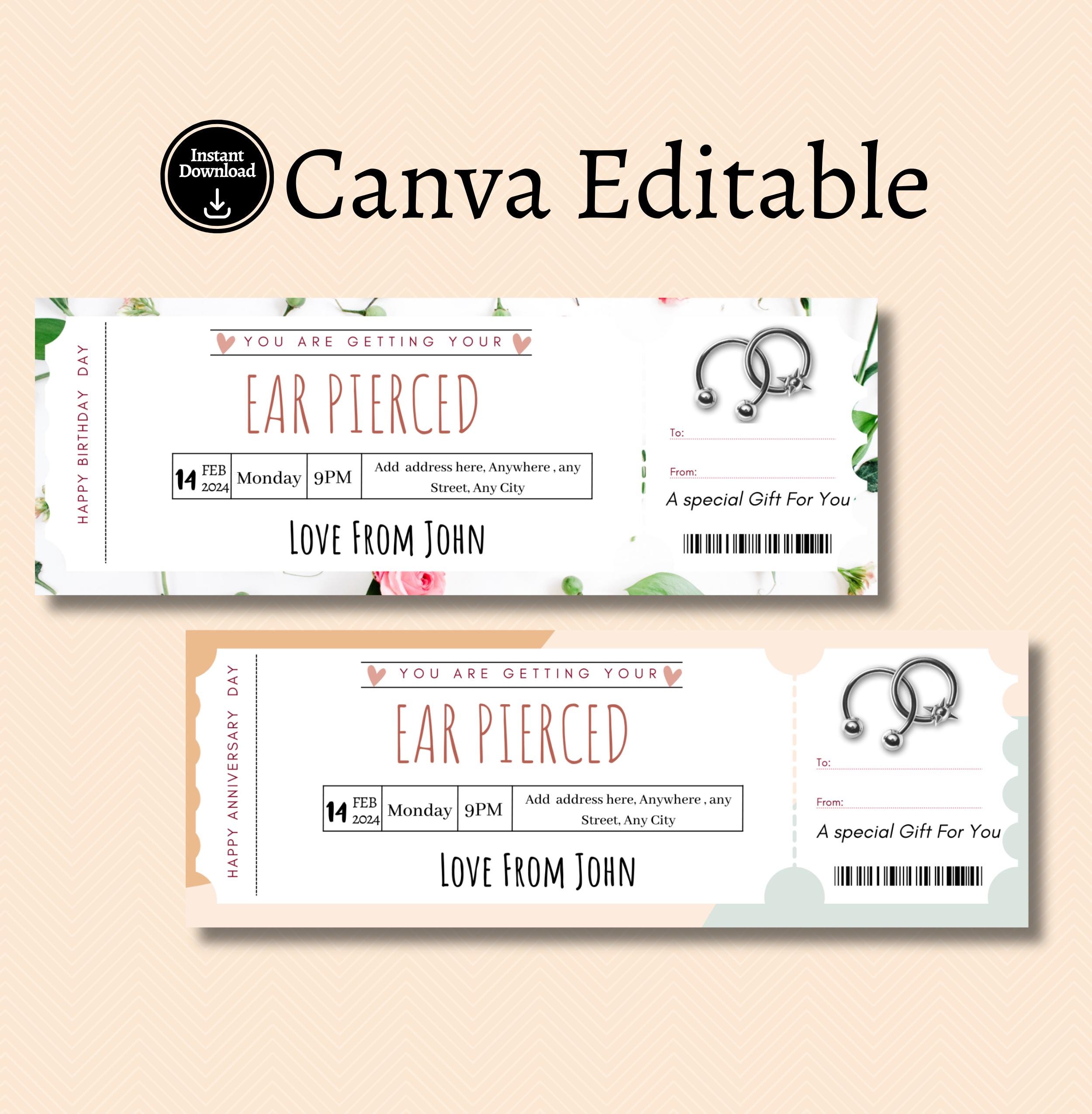 Ear Piercing Gift Certificate: Editable Ticket (digital Download) - Etsy