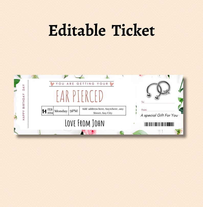 Ear Piercing Gift Certificate: Editable Ticket (digital Download) - Etsy