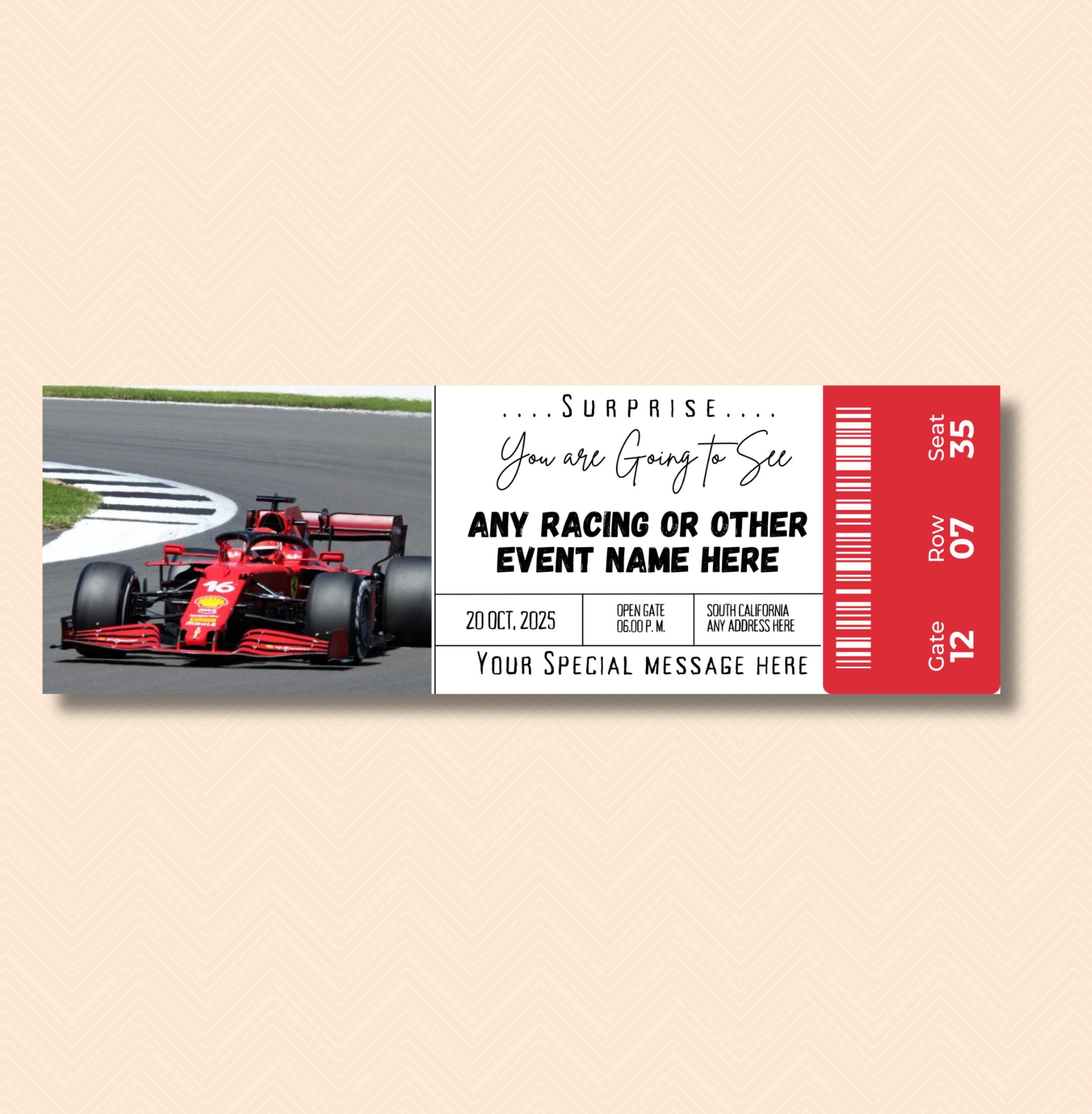 Editable Car Racing Surprise Gift Ticket Template, Racing Car Ticket ...