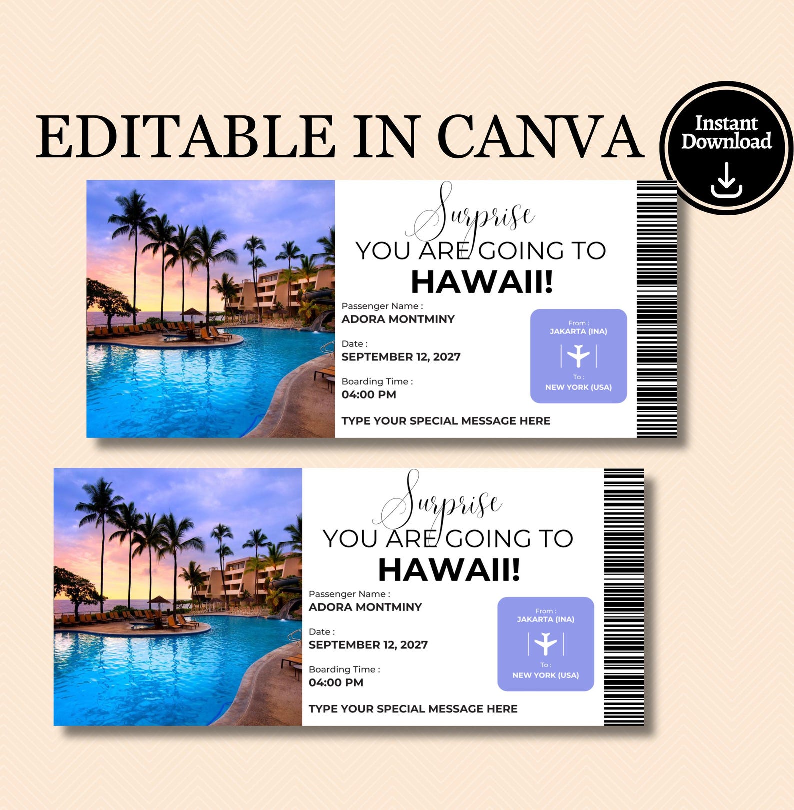Editable Hawaii Surprise Trip Ticket: Printable Boarding Pass (PDF ...