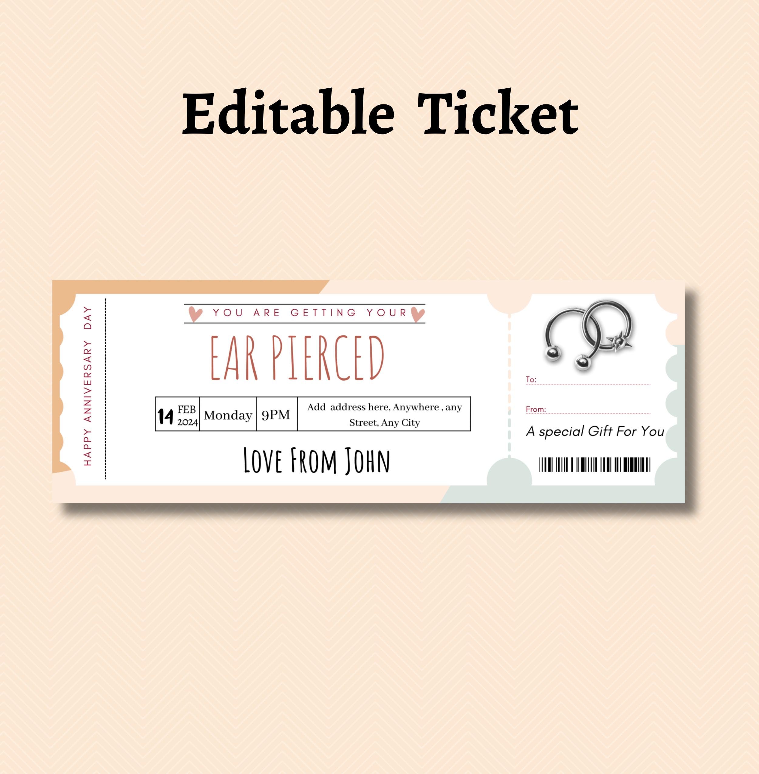 Ear Piercing Gift Certificate: Editable Ticket (digital Download) - Etsy