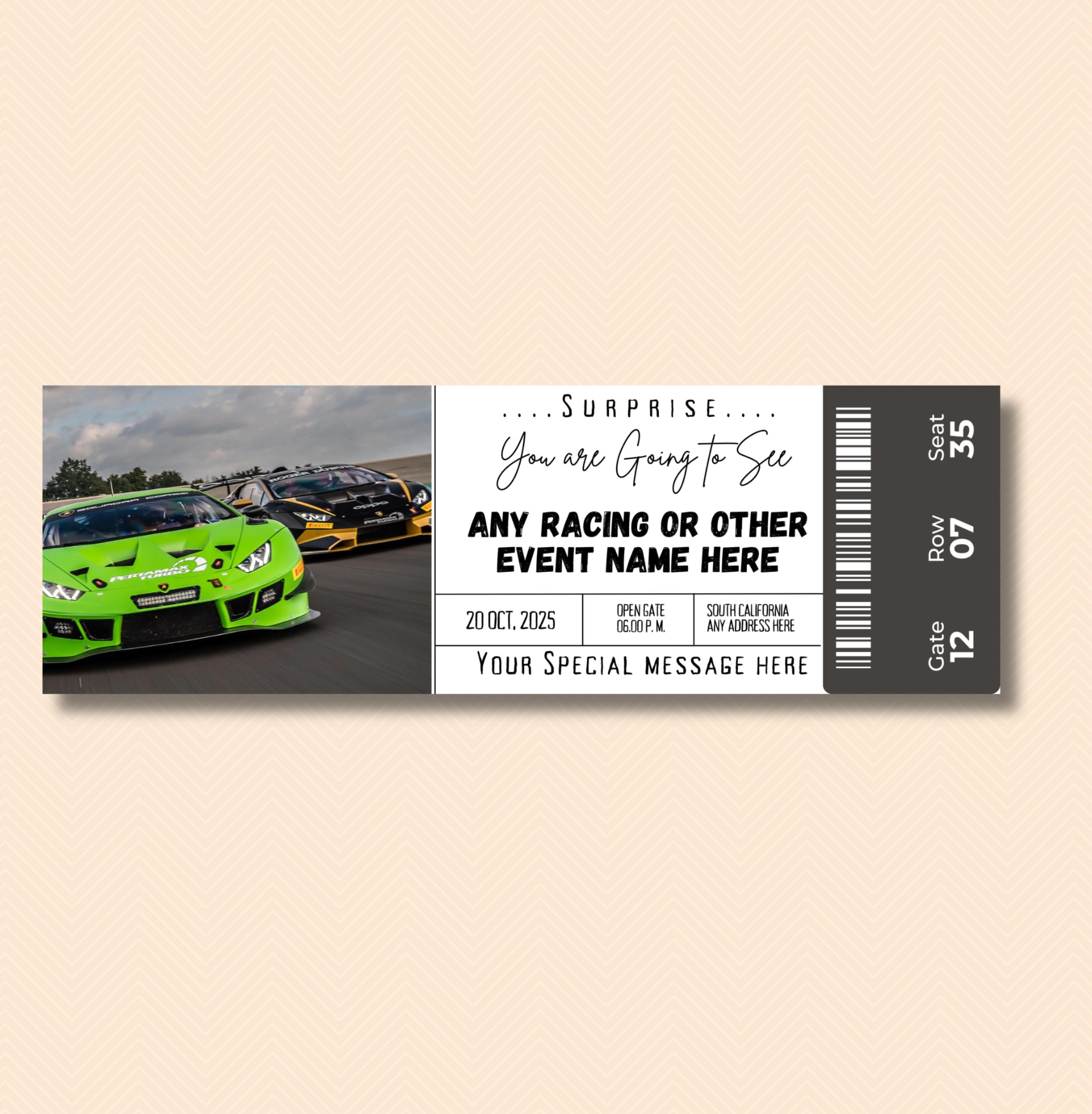 Editable Racing Car Surprise Gift Ticket Template, Car Racing Ticket ...