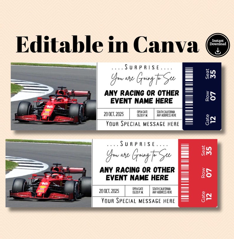 Editable Car Racing Surprise Gift Ticket Template, Racing Car Ticket, Event Birthday Gift, Car ...