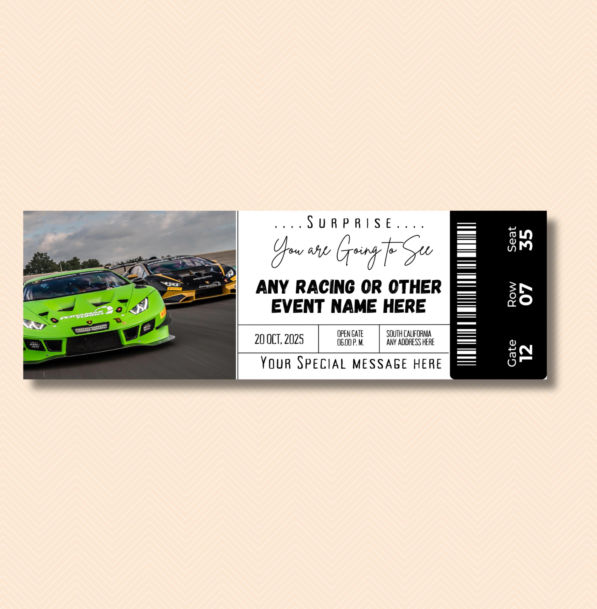 Editable Racing Car Surprise Gift Ticket Template, Car Racing Ticket ...
