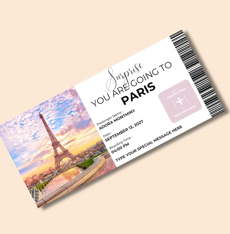 Editable Paris Boarding Pass Template, Paris Ticket Template, Printable ...