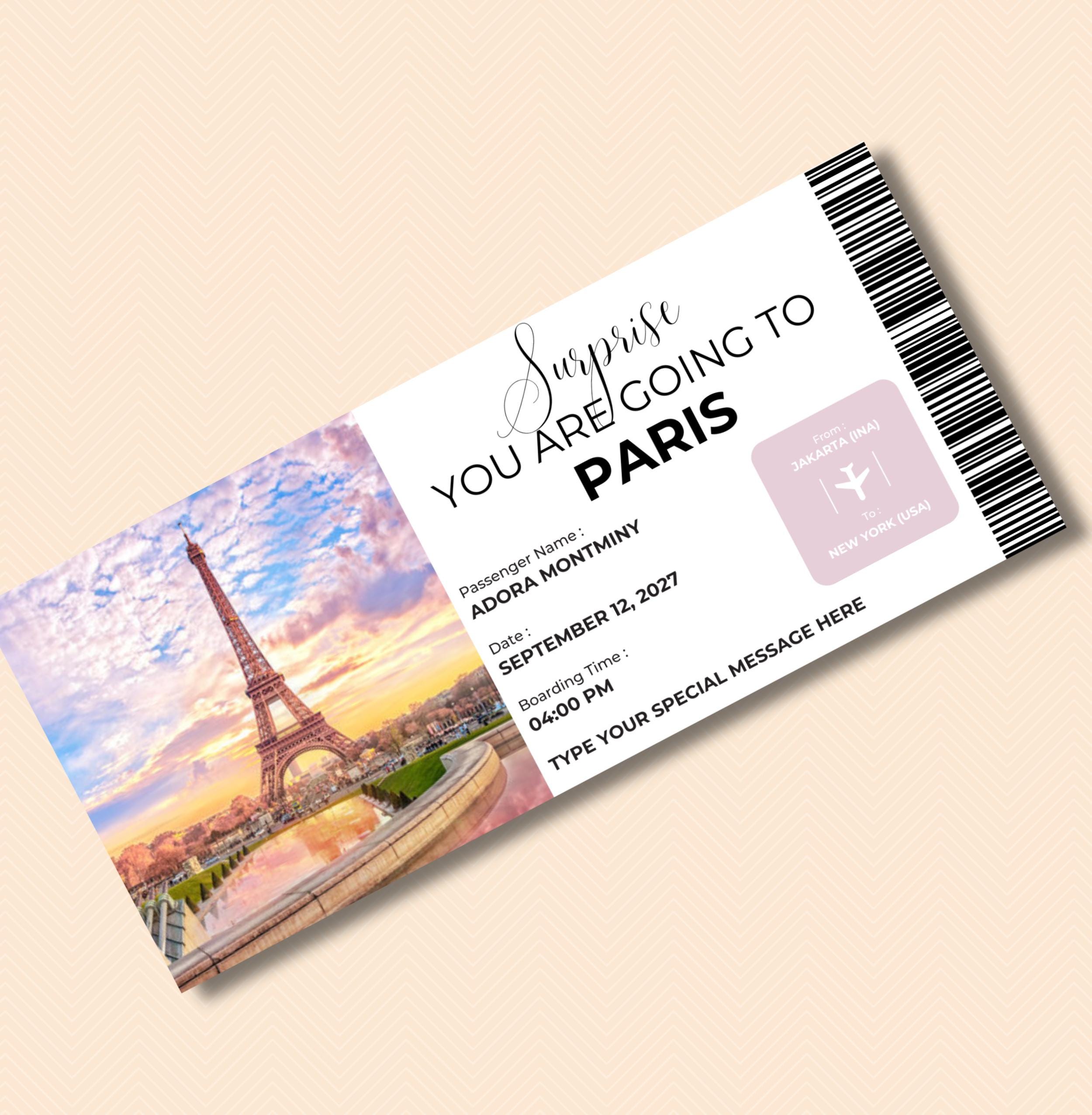 Editable Paris Boarding Pass Template, Paris Ticket Template, Printable ...