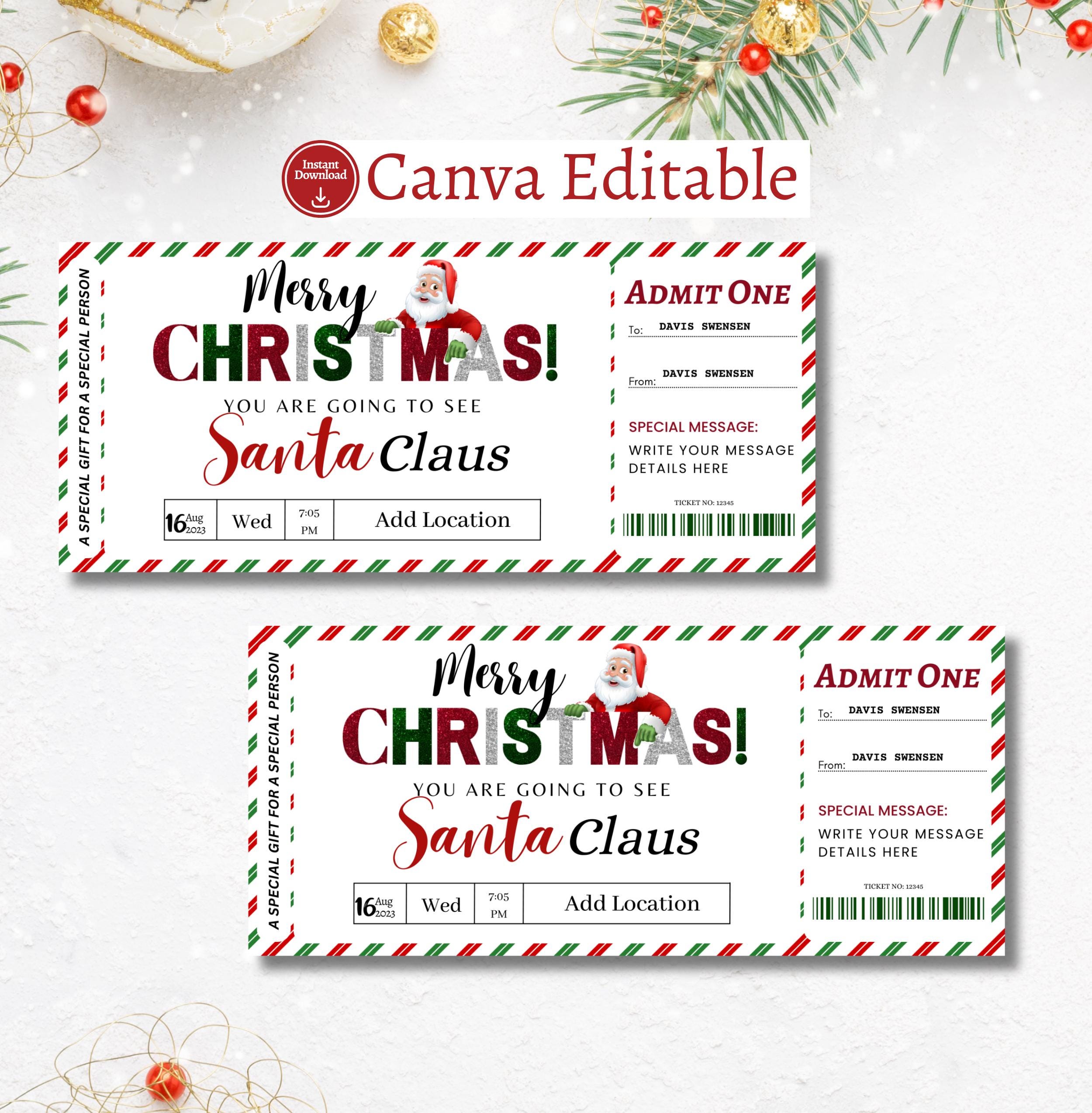 Santa Ticket Printable, Santa's Grotto Ticket Template, Surprise Santa Visit Ticket, Visit to ...
