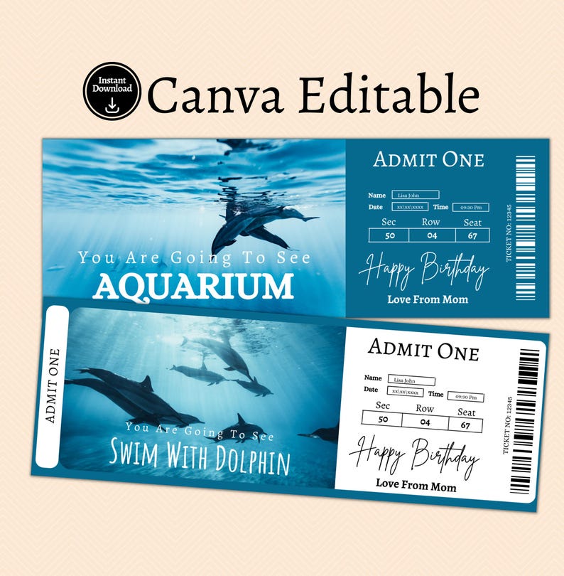 Editable/printable SWIM With DOLPHINS Surprise Trip Tickets. Vacation Ticket, Dolphin Encounter ...