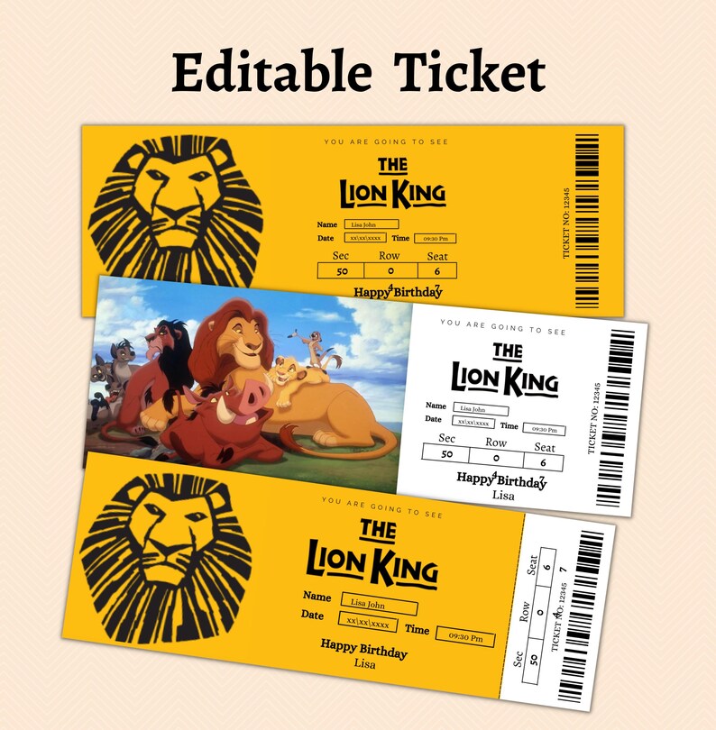 Lion King Broadway Surprise Ticket: Editable Souvenir (PDF) - Etsy
