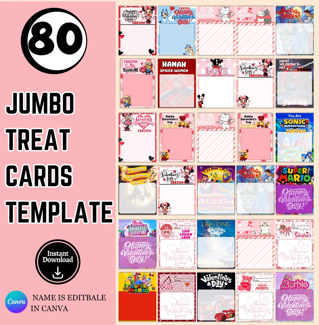 80 Valentine's Day Jumbo Snack Card Template for Girl's and Boys's ...