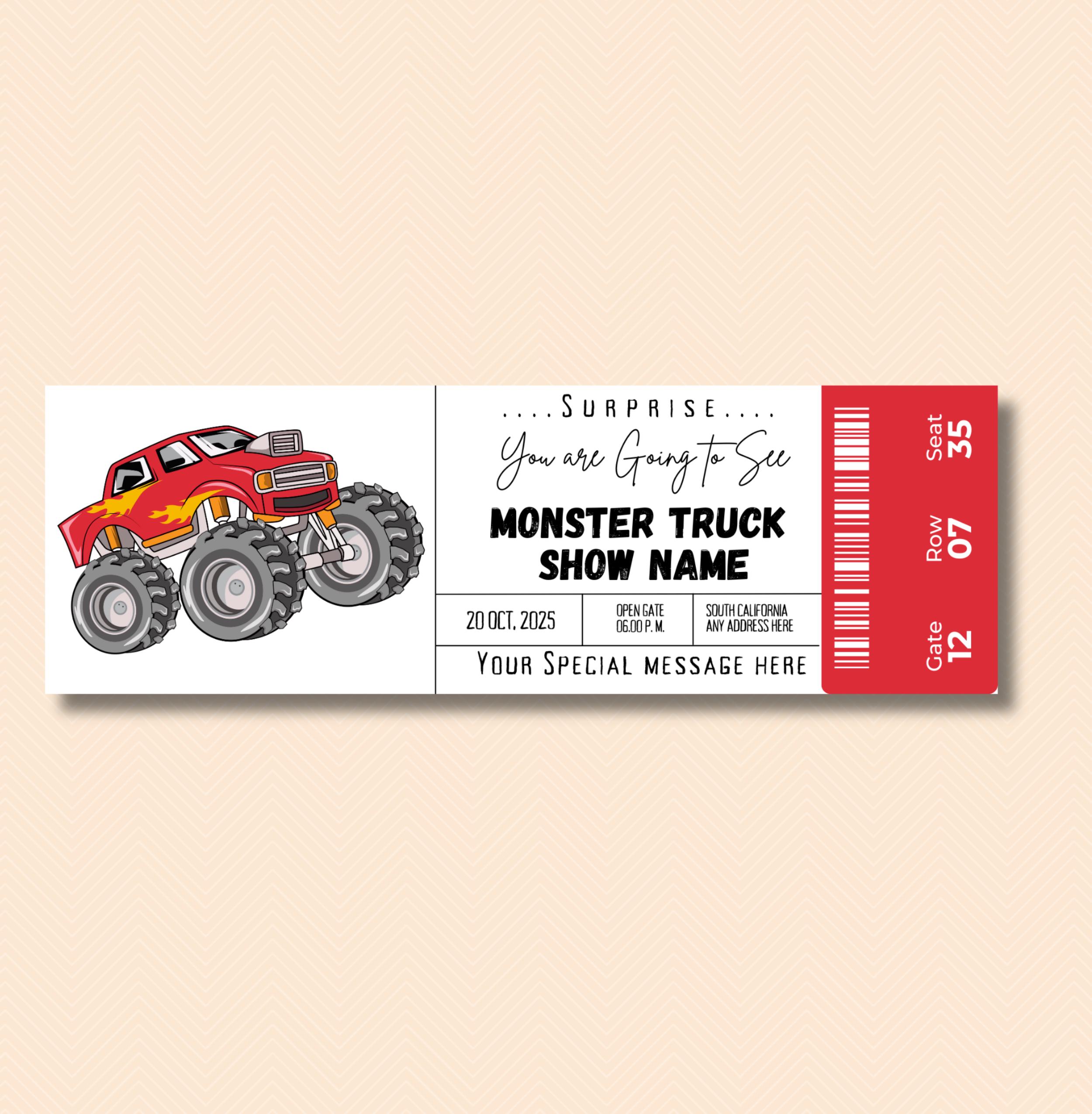 Editable Monster Truck Surprise Trip Gift Ticket, Professional Race ...