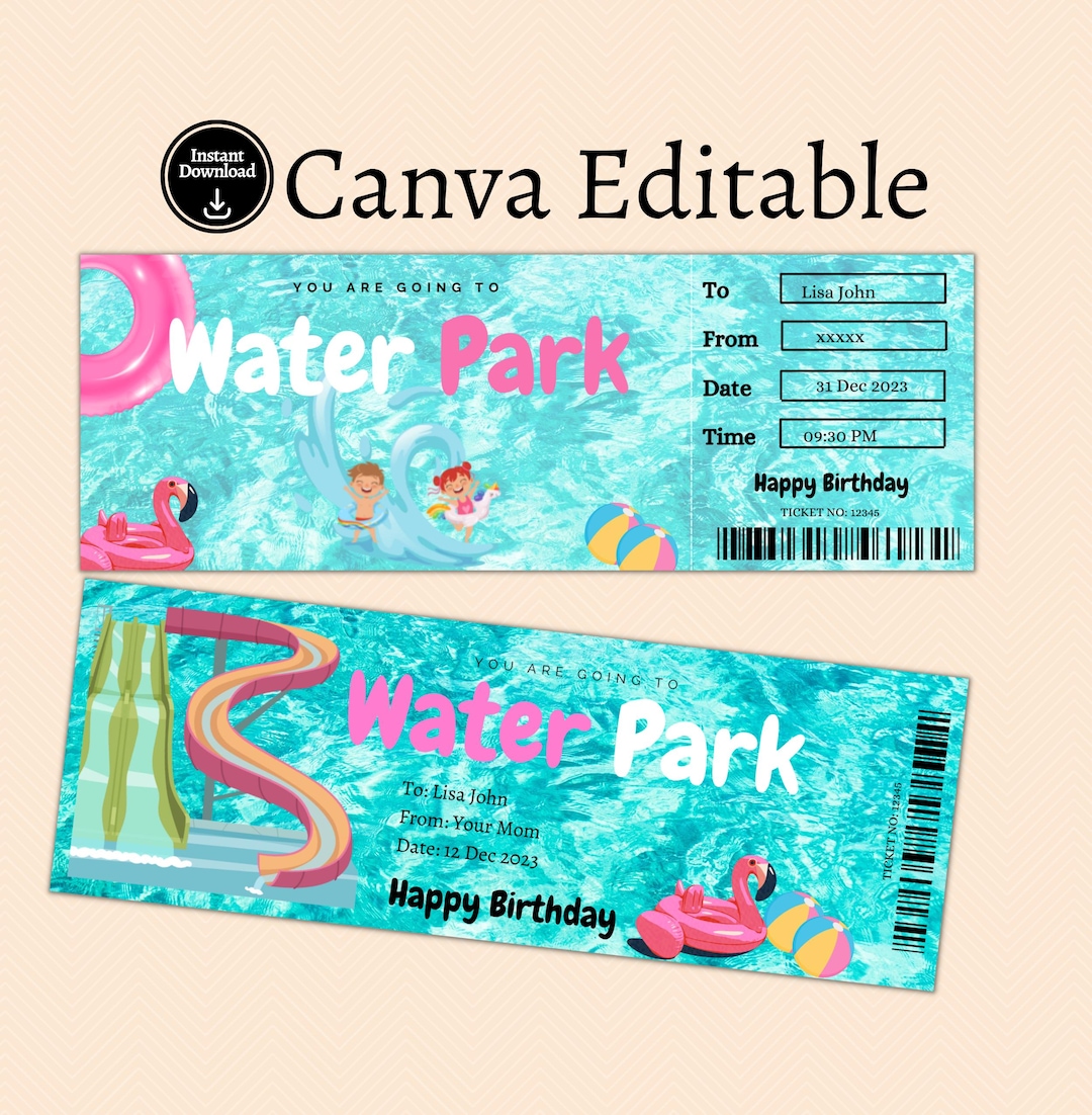 Water Park Ticket Template: Printable Birthday Gift (canva Editable) - Etsy
