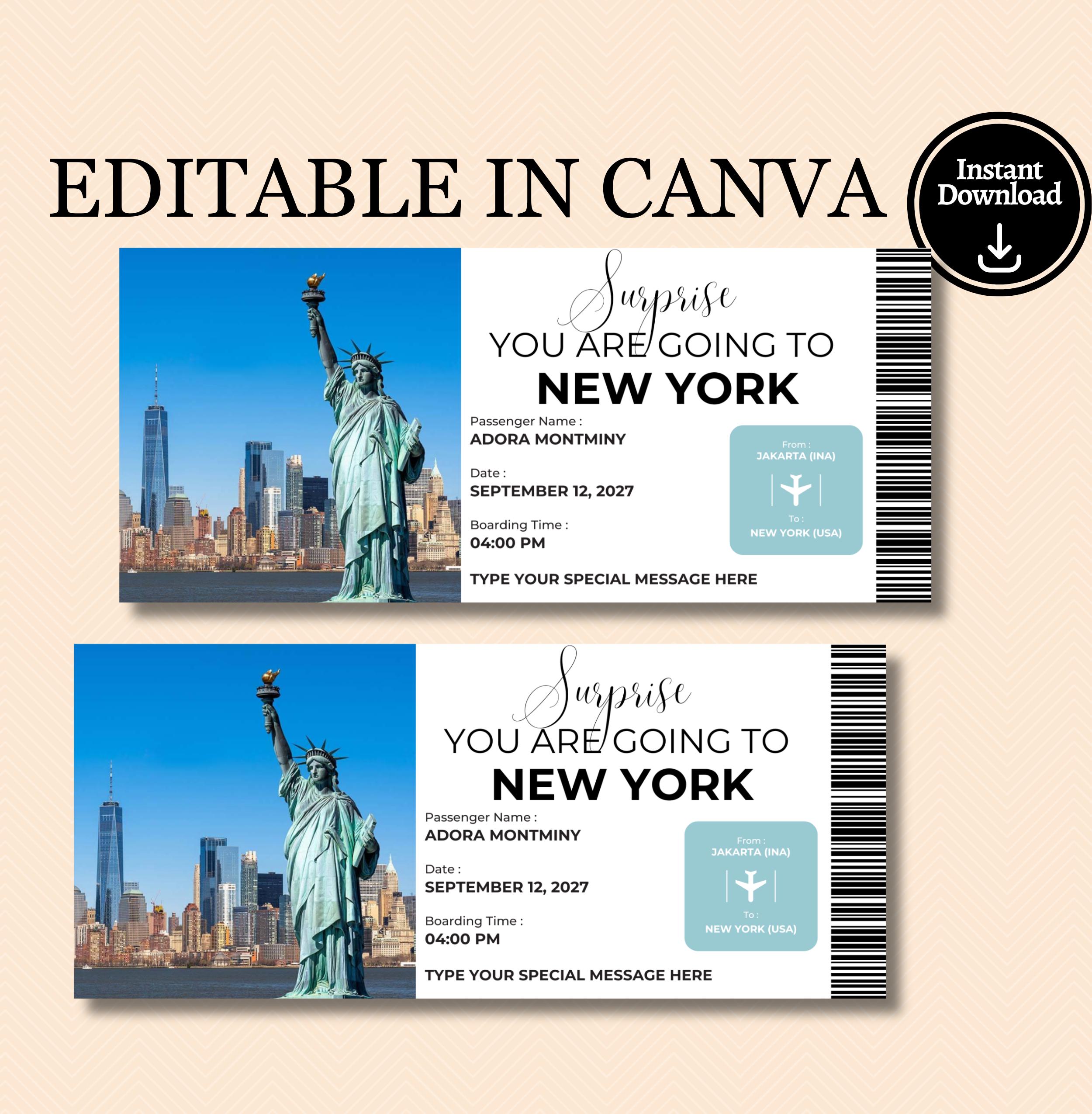 Editable New York Boarding Pass Ticket, Printable New York Airline ...