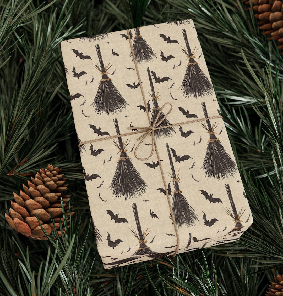 Witches Broom and Bats Wrapping Paper, Gothic Lover Holiday, Giftwrap ...