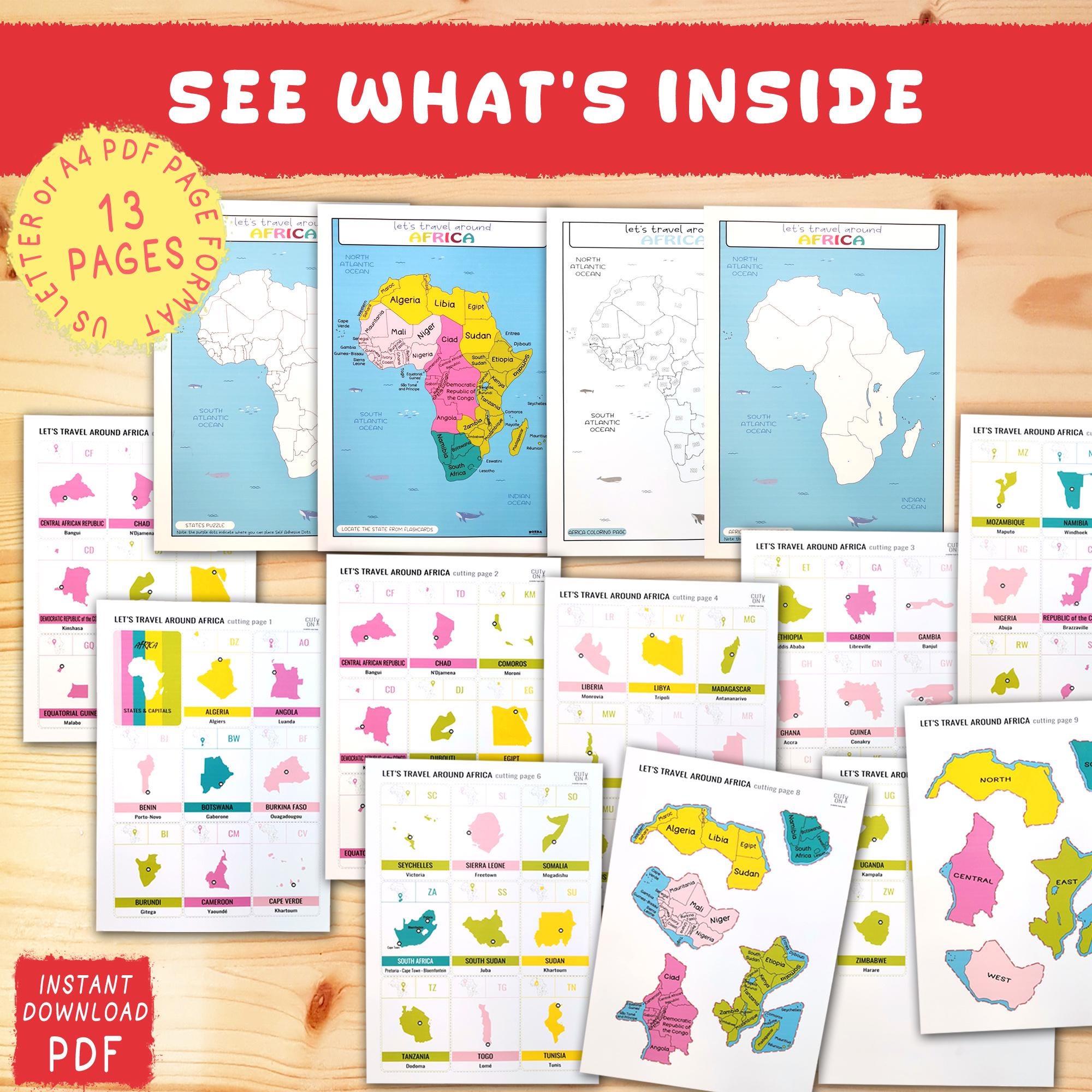 Africa Montessori Learning Pack: Puzzle Map, Flashcards, Coloring Page ...