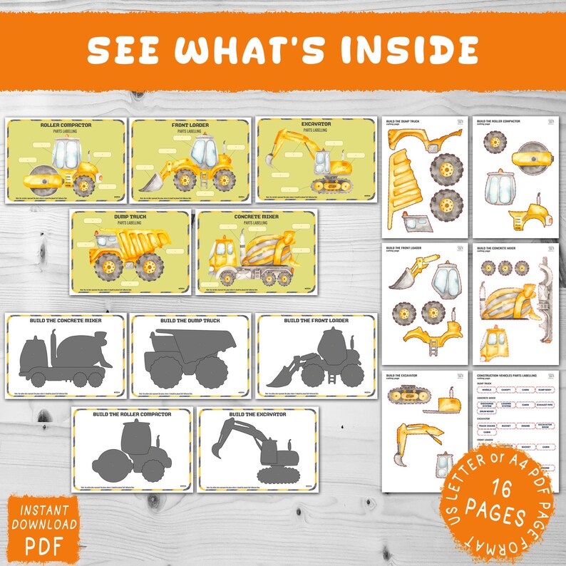 Printable Construction Vehicles Activity, Body Parts Puzzle, Excavator ...