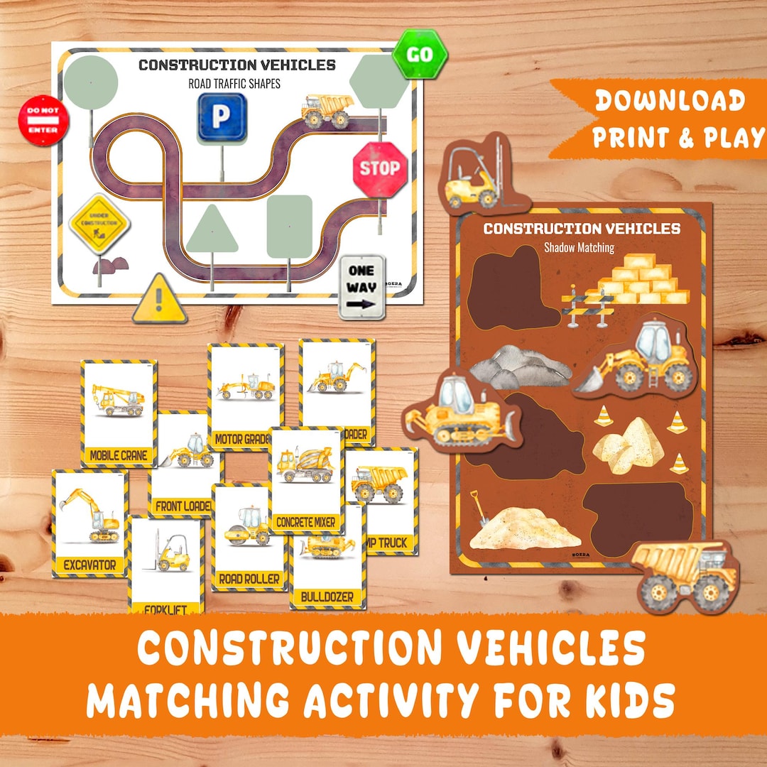 Construction Vehicles Matching Activity for Kids, Toddler Construction ...