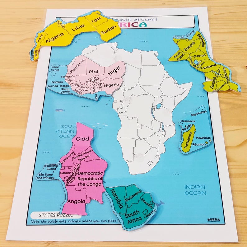 Africa Montessori Learning Pack: Puzzle Map, Flashcards, Coloring Page ...