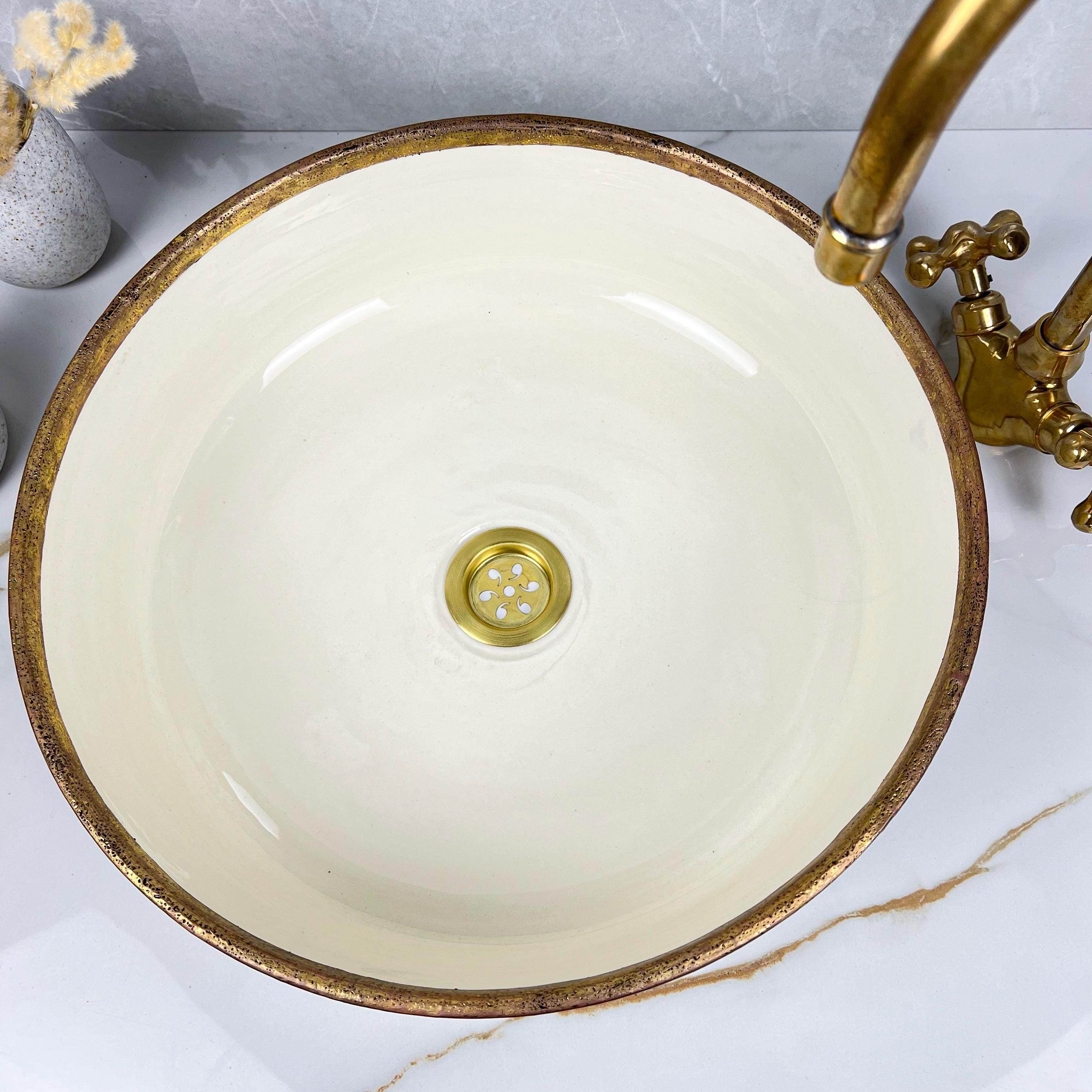 White Wash Basin for Restroom With Brass Rim, Handmade Bathroom White ...