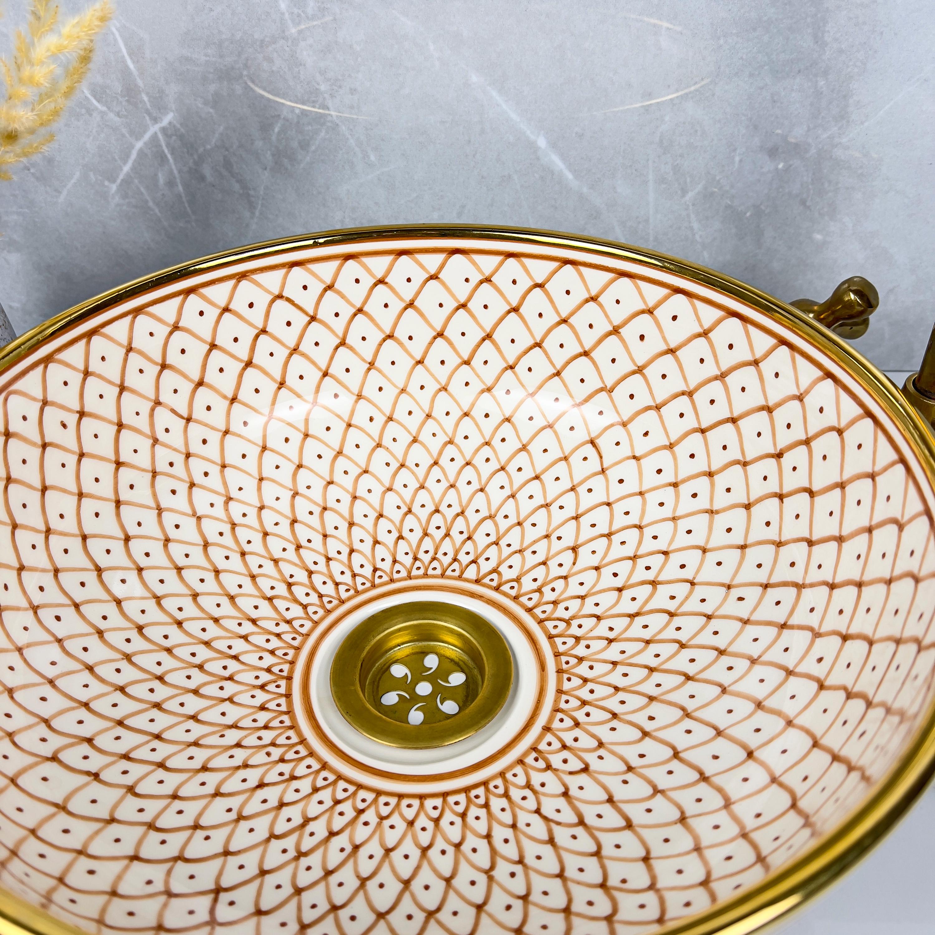 Handcrafted Ceramic Fishscale Vessel Sink - Brown Glaze With Gold Rim ...