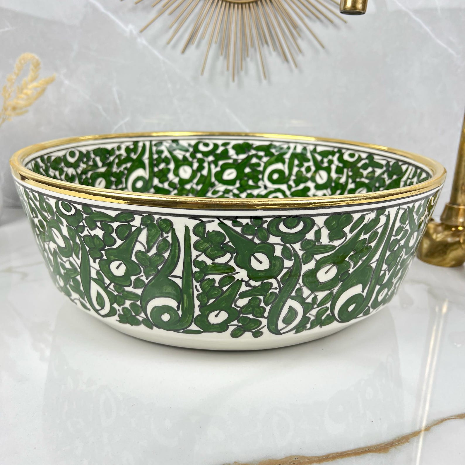 Ceramic Sink Washbasin With Gold Rim for Bathroom, Pottery Handmade ...