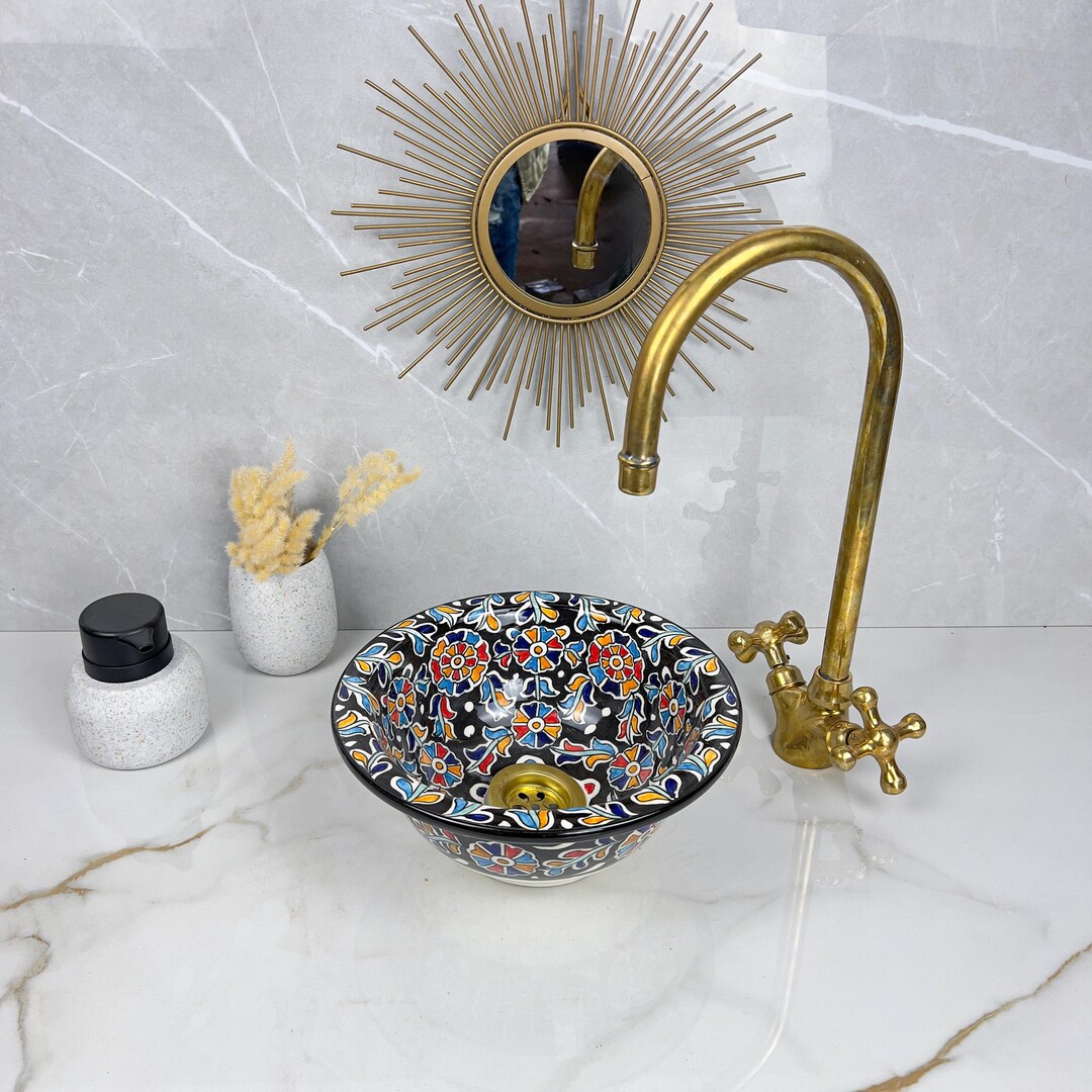 Black Ceramic Bathroom Sink Bowl With Flower Style, Countertop Vessel ...