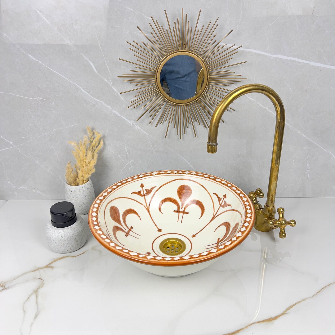 Brown Floral Ceramic Vessel Sink Art Basin for Bathroom Cabinet ...
