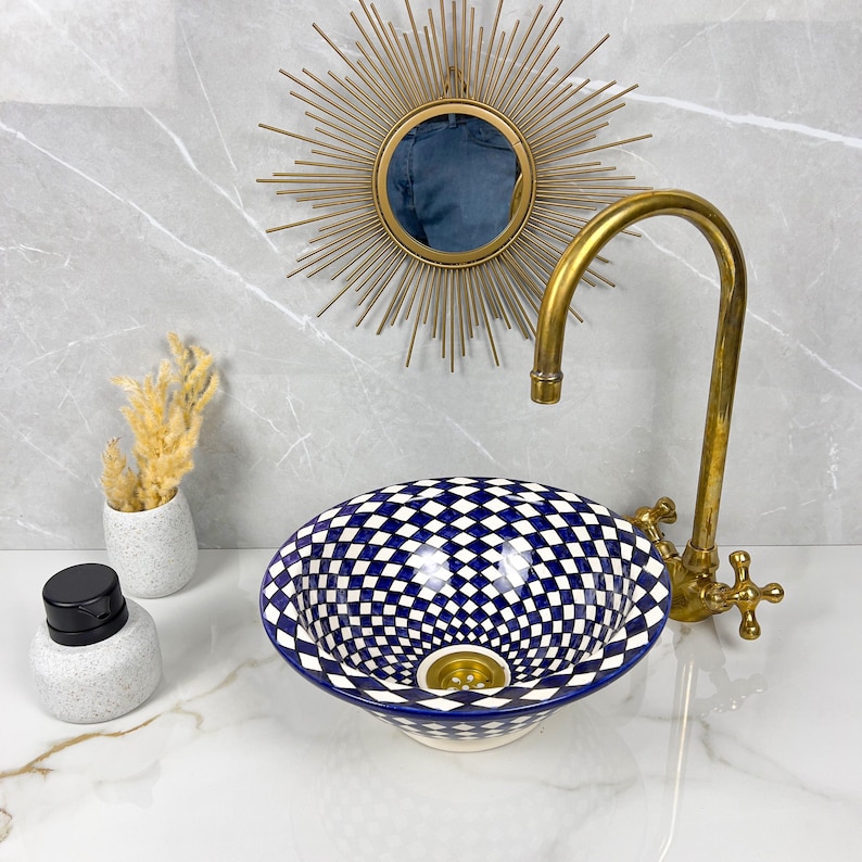Artisan Blue and White Geometric Bowl Sink - Handmade Ceramic Vessel ...