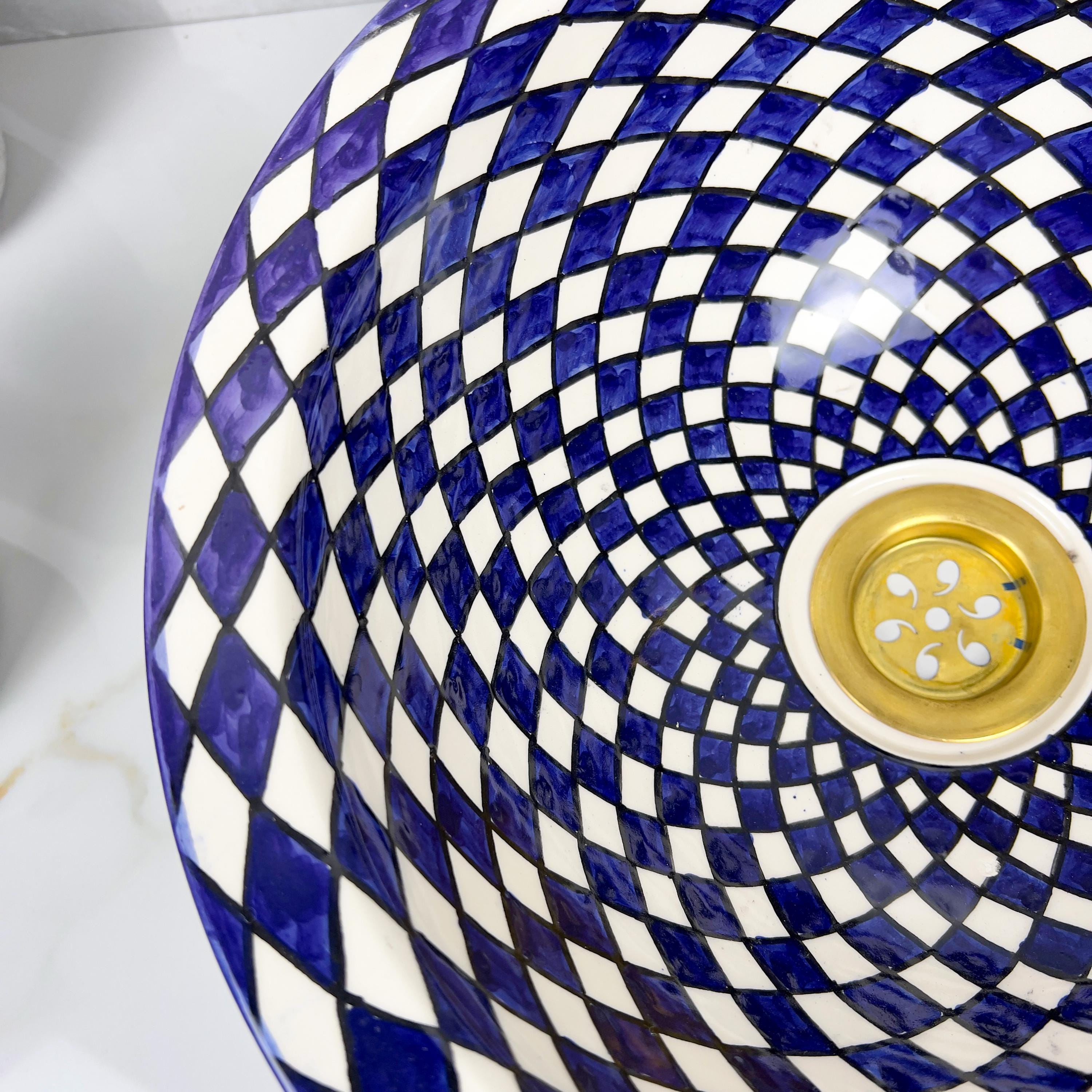Artisan Blue and White Geometric Bowl Sink - Handmade Ceramic Vessel ...