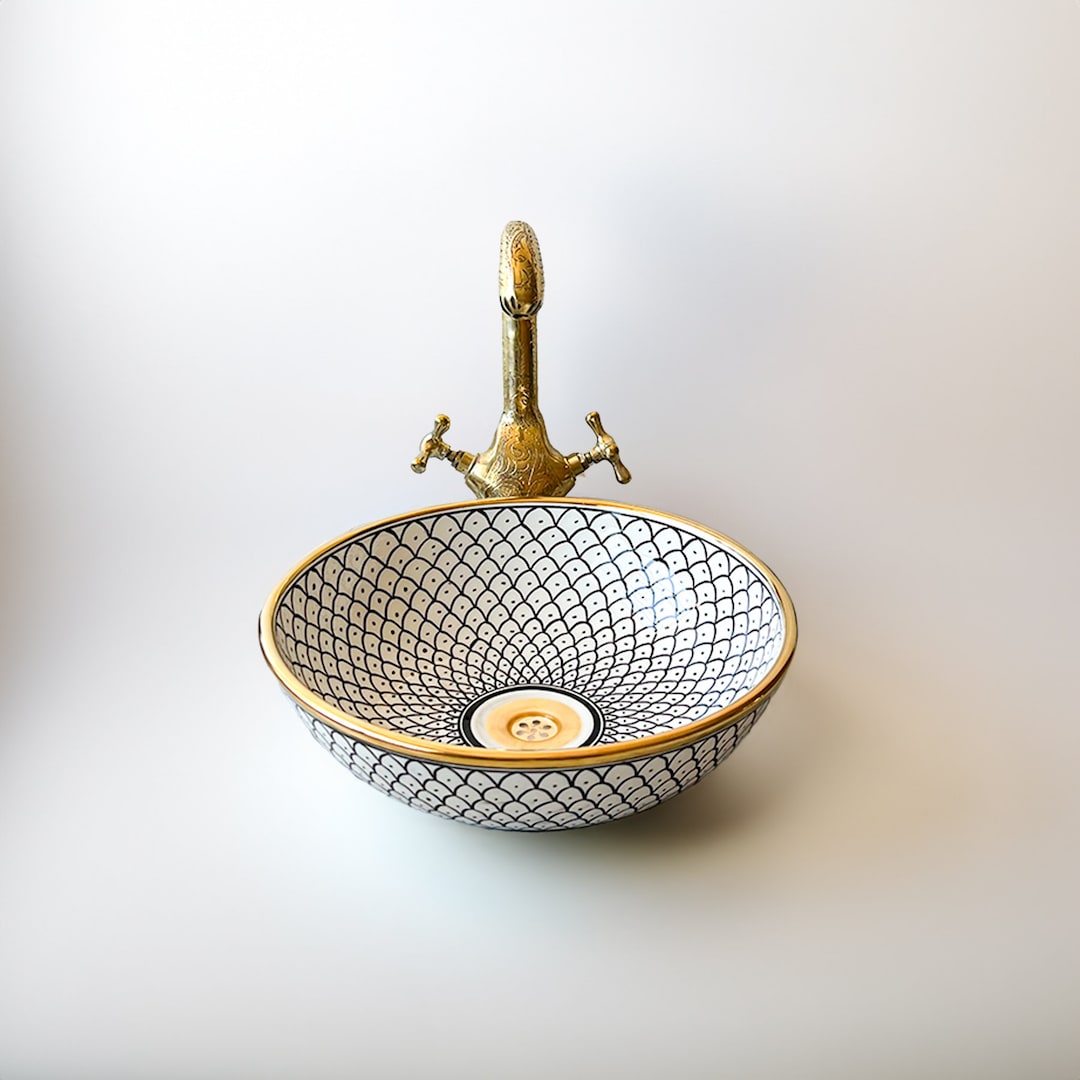 Ceramic Gold Sink, Vessel Sink Basin 14K Gold Rim, Moroccan Washbasin ...