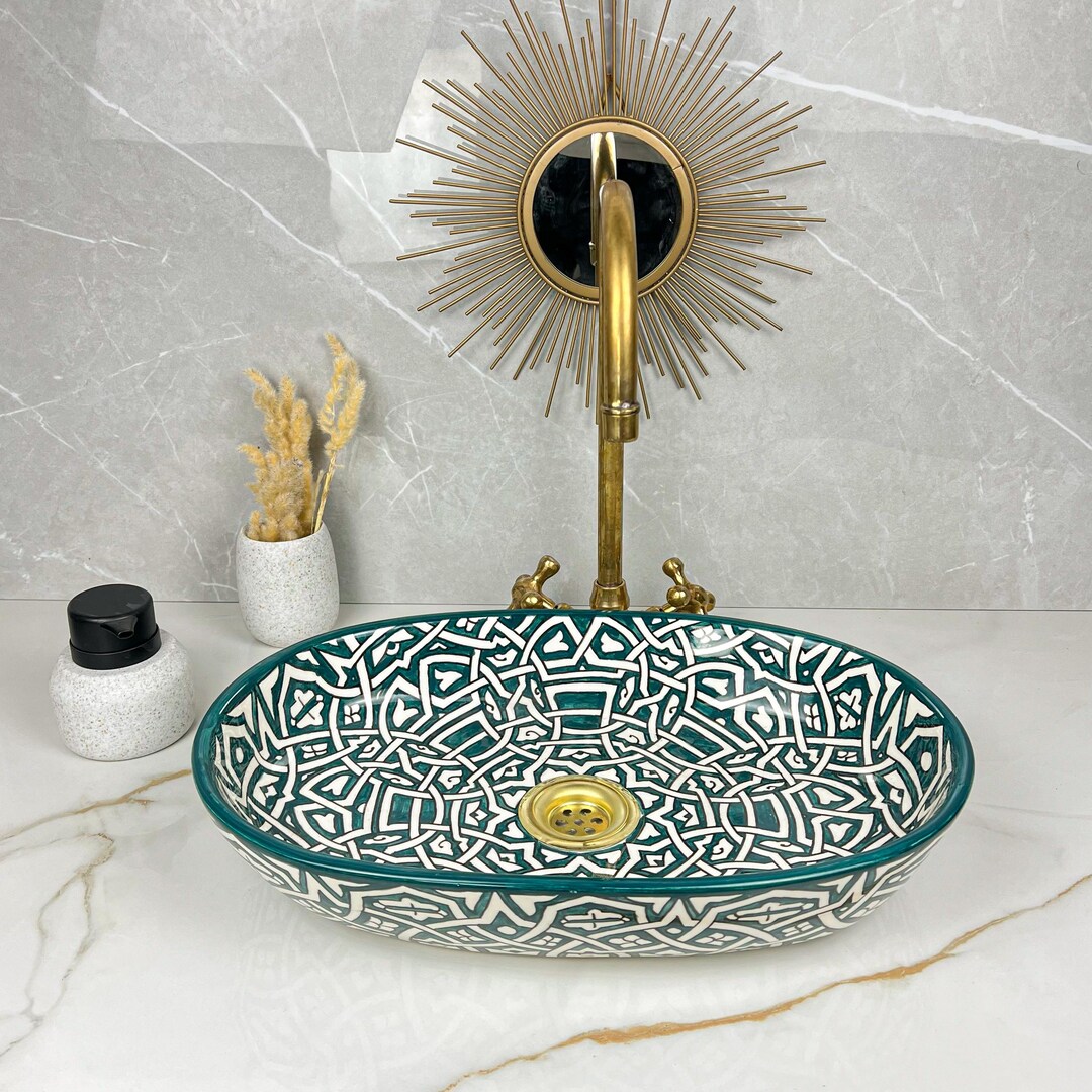 Oval Turquoise Vessel Sink - Oval Hand Painted Ceramic Bathroom Basin ...