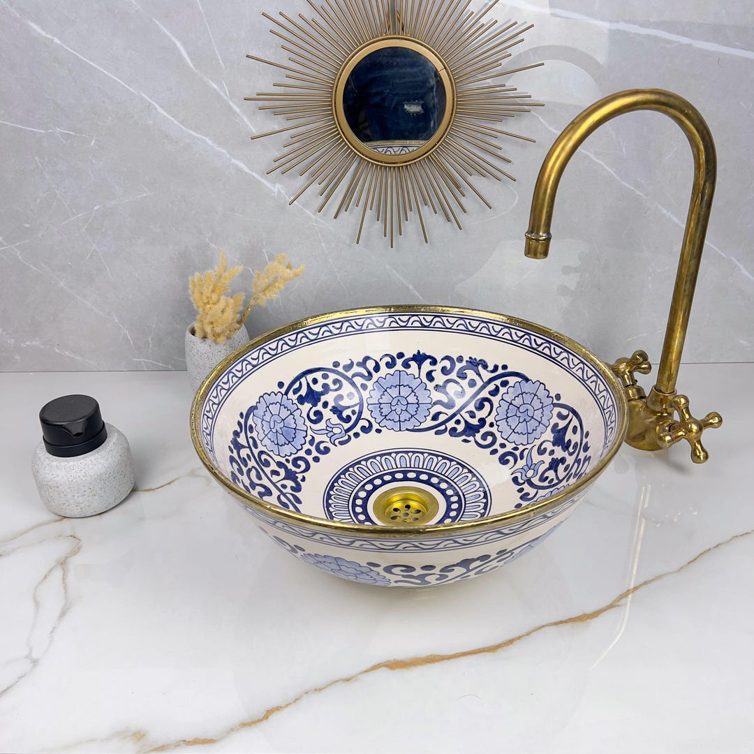 Blue Vessel Sink With Mid Century Modern Style With Gold Rim, Handmade ...