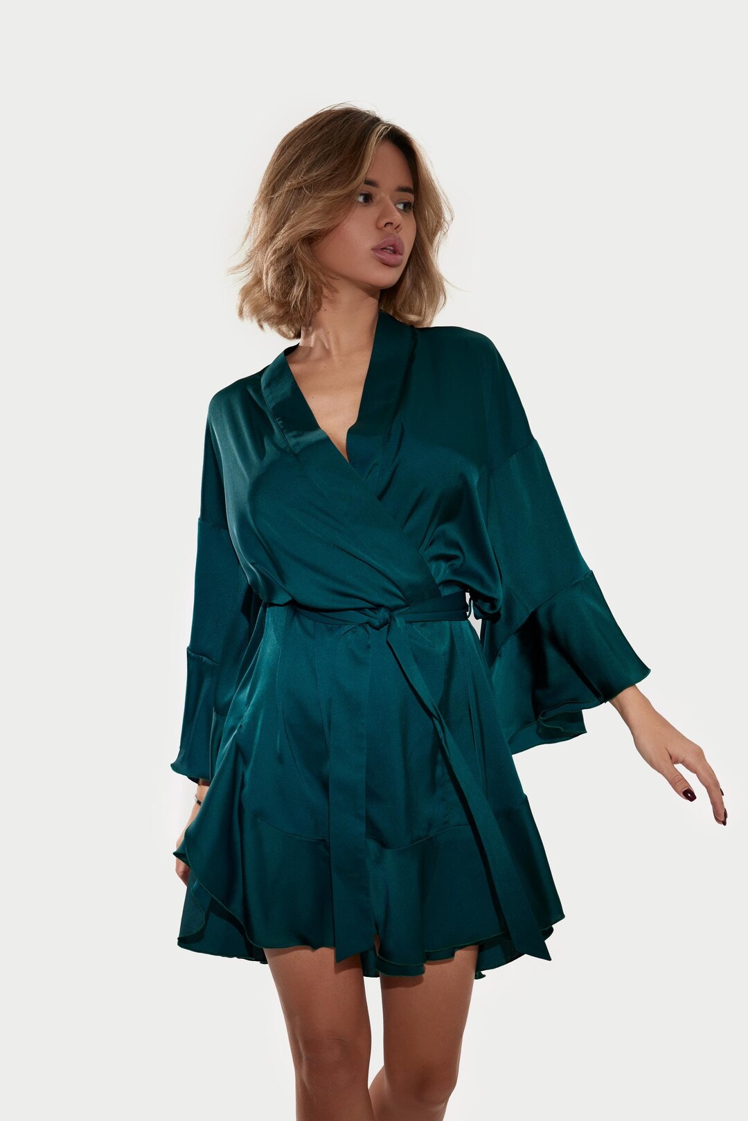 Elegant Silk Wrap Dress, Satin Mini Dress, Short Kimono Dress, Silk ...