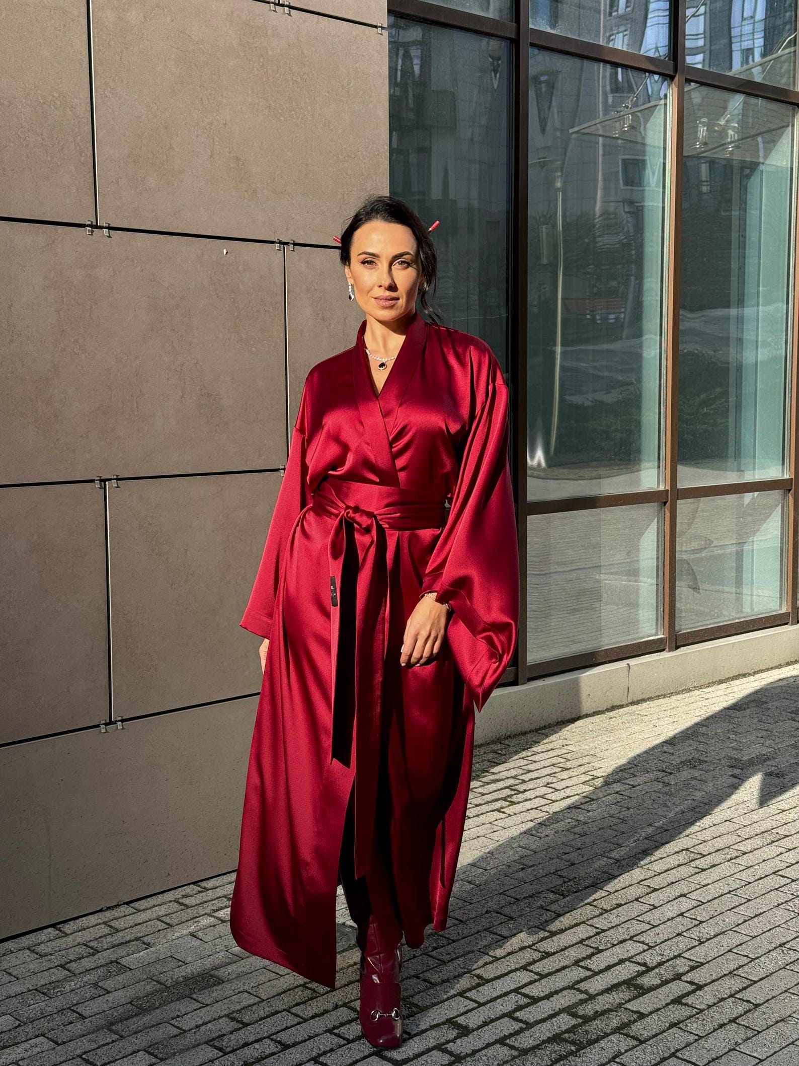 Black Satin Kimono Dress, Silk Long Wrap Dress, Bell Sleeve Kimono ...