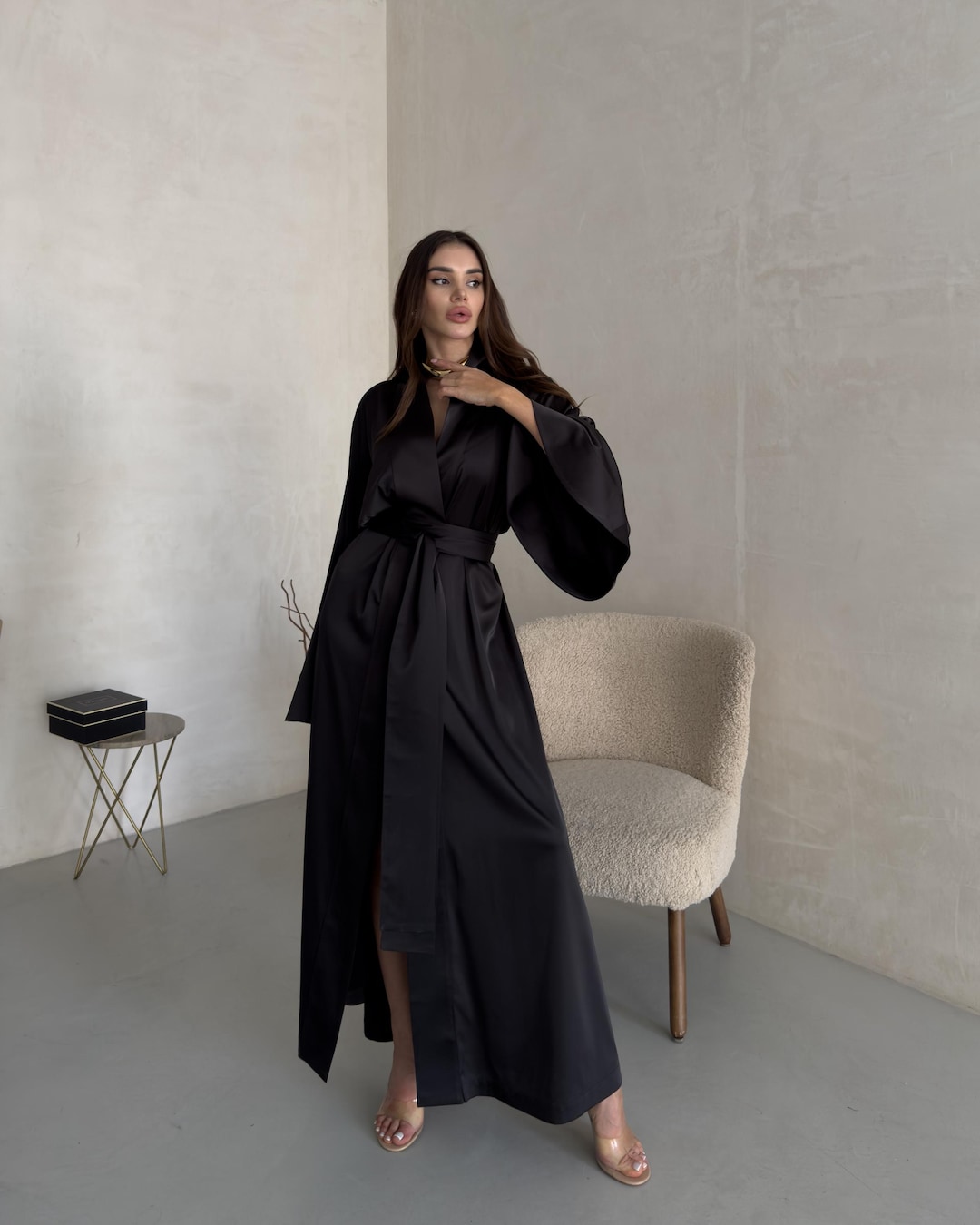 Black Satin Kimono Robe - Elegant Women's Bell Sleeve Loungewear - Etsy