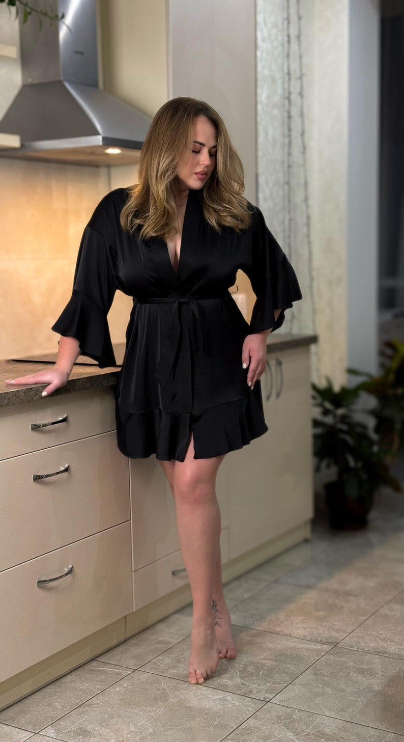 Silk Flowy Robe, Short Kimono Style Robe With Ruffles, Summer ...