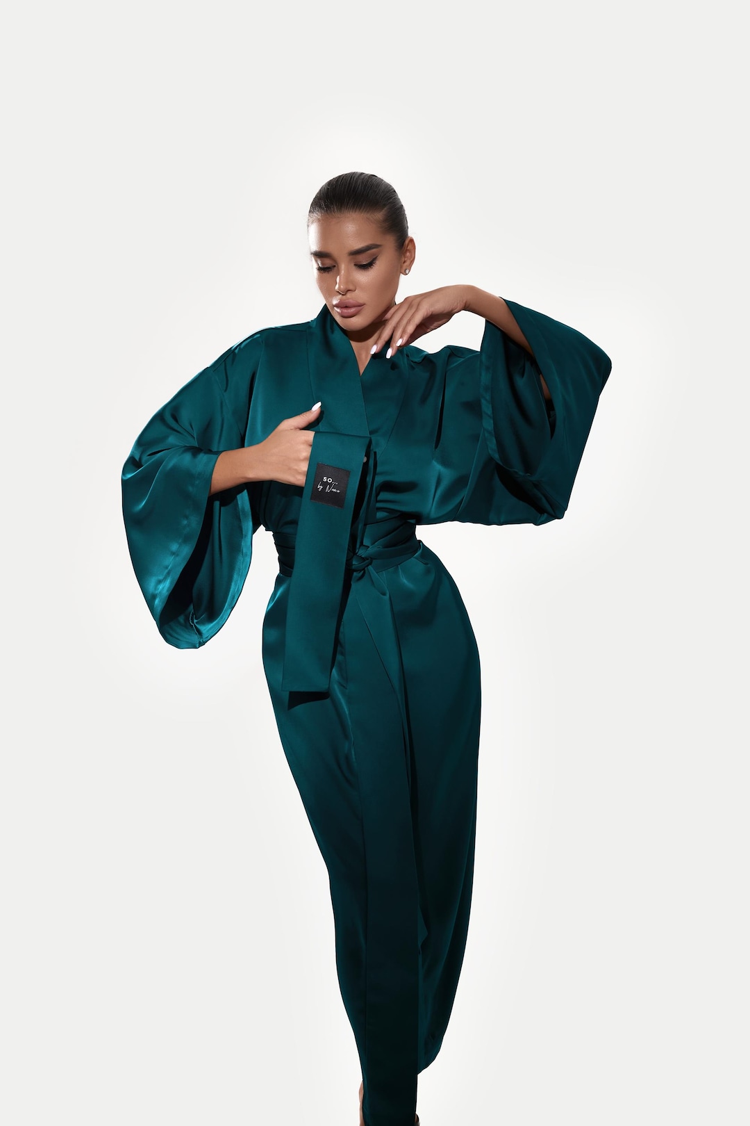 Wide Sleeves Robe, Emerald Silk Robe, Floor Length Kimono, Wrap Kimono ...