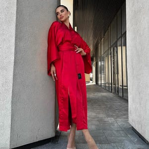 Red Satin Kimono Dress, Maxi Kimono Robe, Valentines Gift for Wife ...